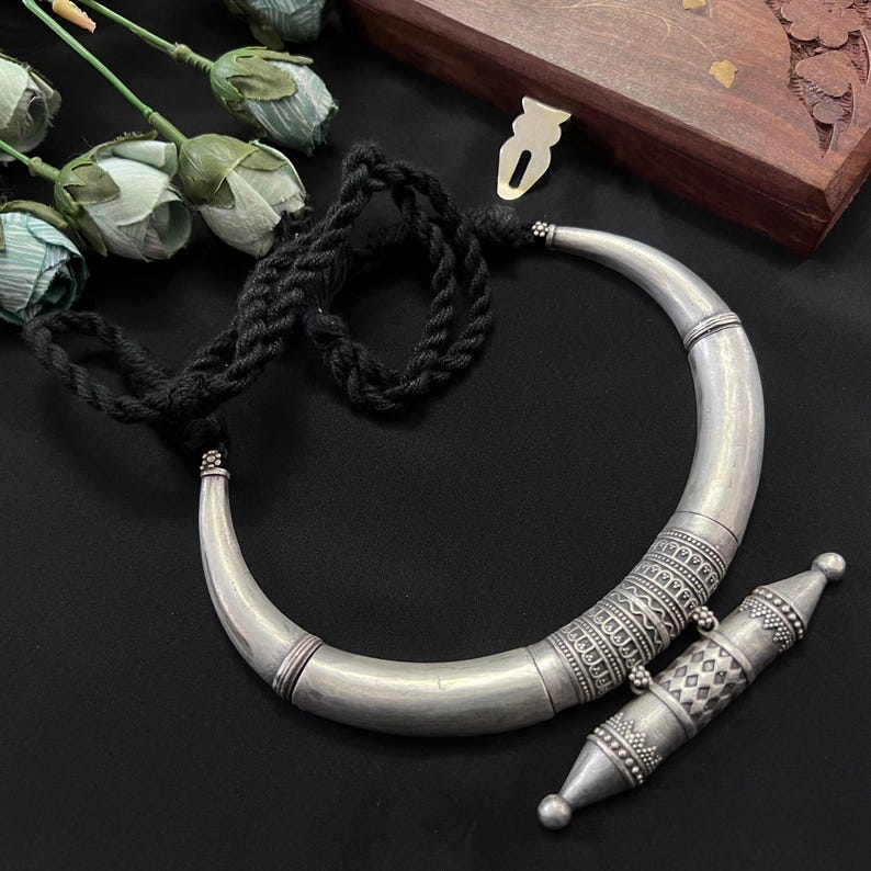 Vintage Style Oxidized Hasuli Set: Tribal Indian Jewelry With Earrings ...