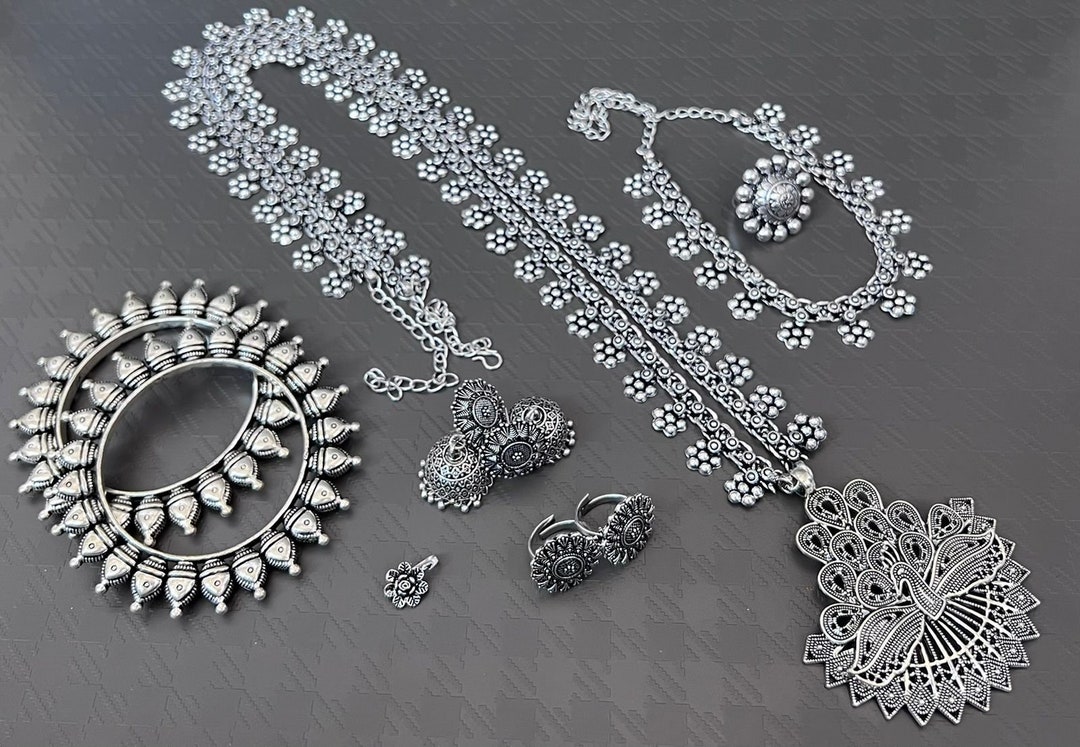 Oxidized German Silver Jewelry Set: Choker, Necklace, Bangles - Etsy