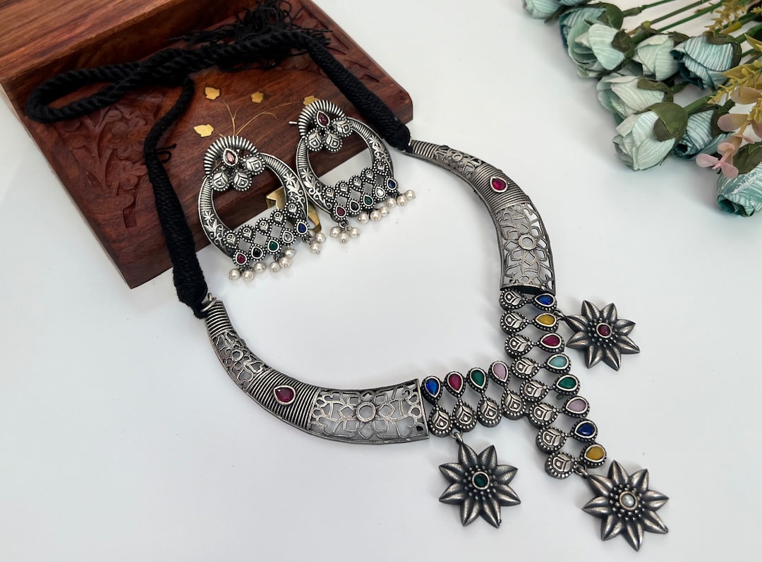 German Silver Hasli Set, Adjustable, Oxidized Silver Beautiful Flower ...