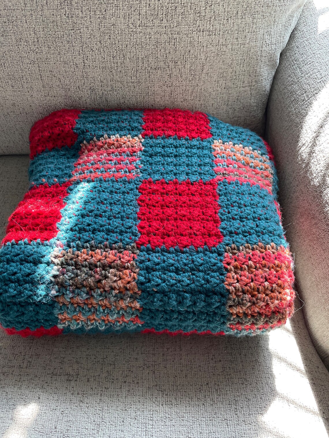 The Sabrina Blanket Checkered Crochet Blanket Red Teal and - Etsy