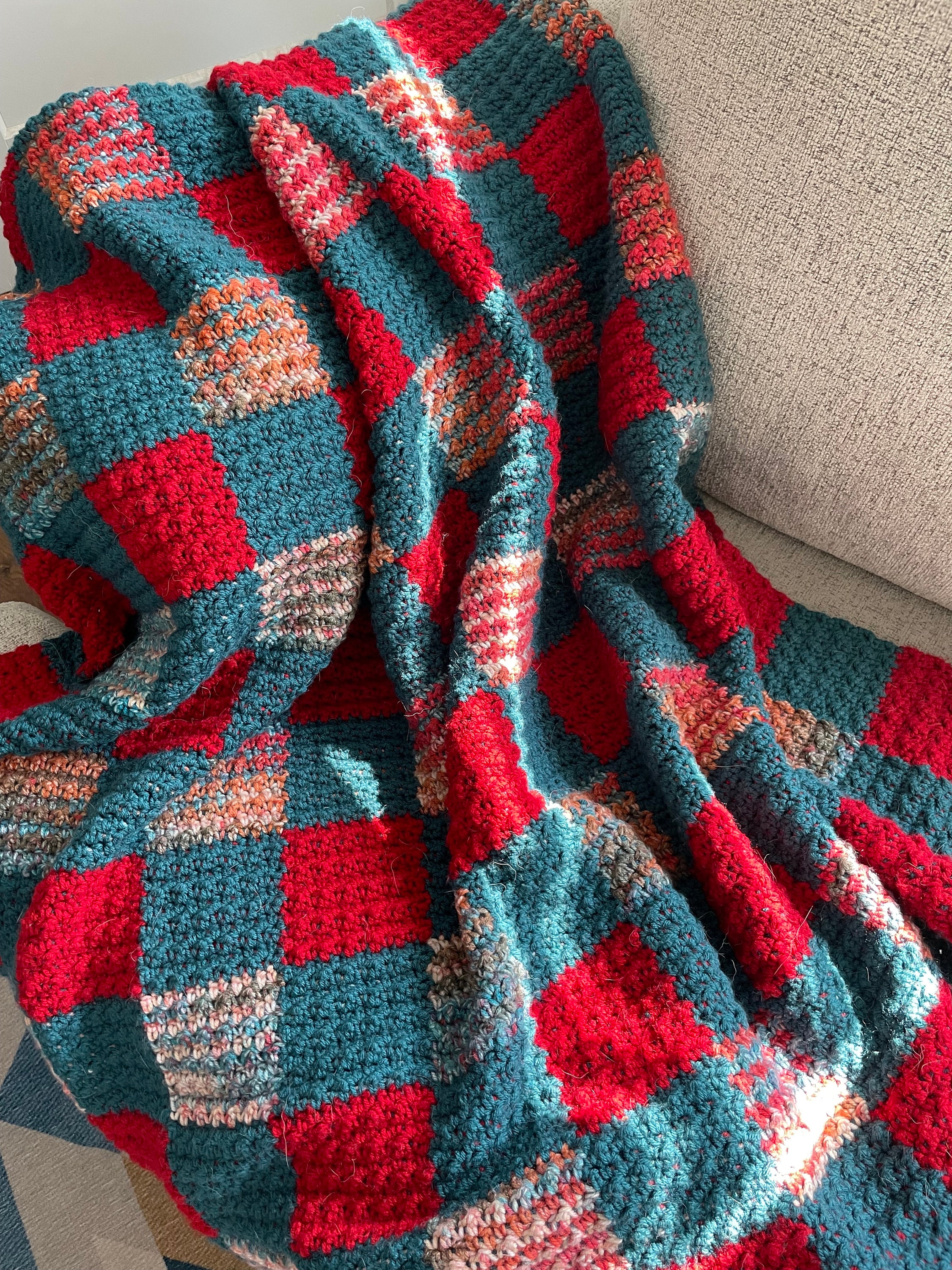 The Sabrina Blanket- Checkered Crochet Blanket- Red, Teal and Color ...