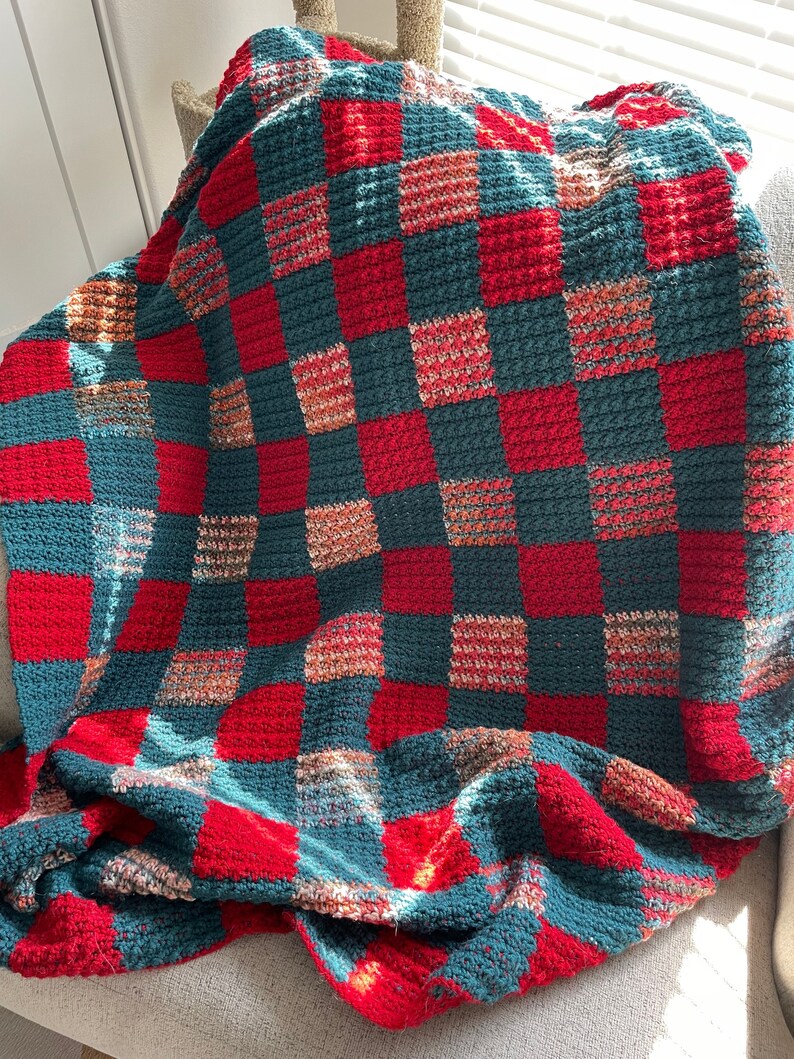 The Sabrina Blanket- Checkered Crochet Blanket- Red, Teal and Color ...