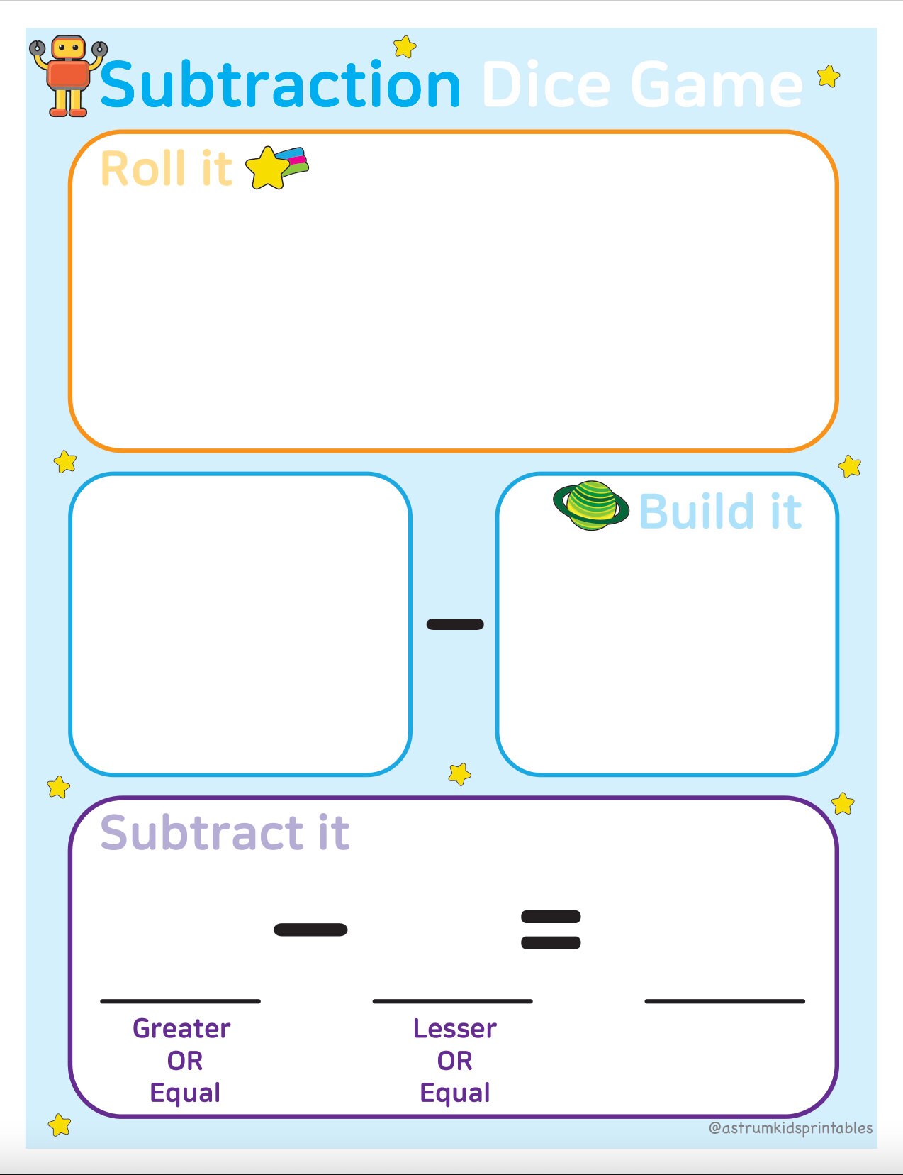 Printable Counting Dice Game, Addition Activity, Subtraction Activity ...