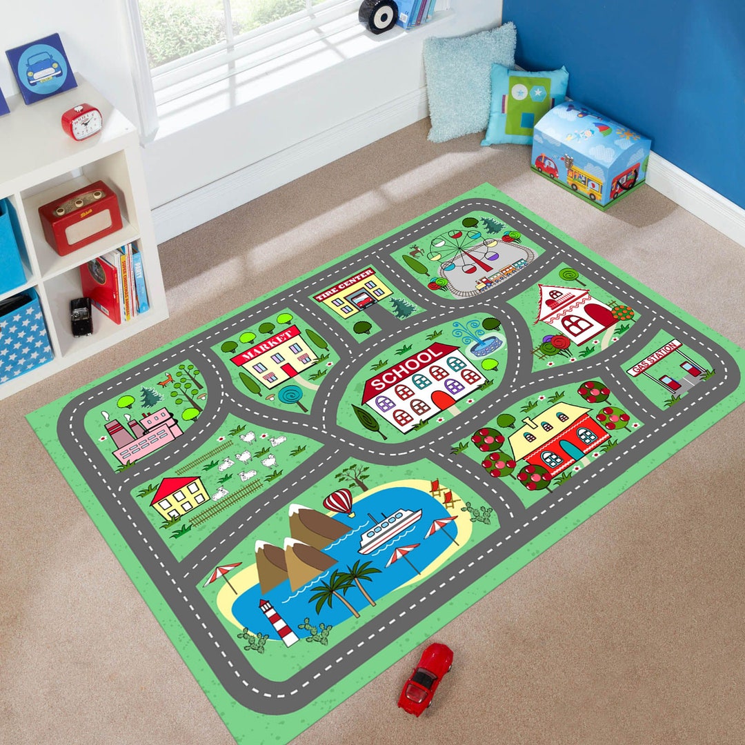 Car Playing Rug, Activity Rug, Washable Rug, Fun Rug, Road Map Rug ...