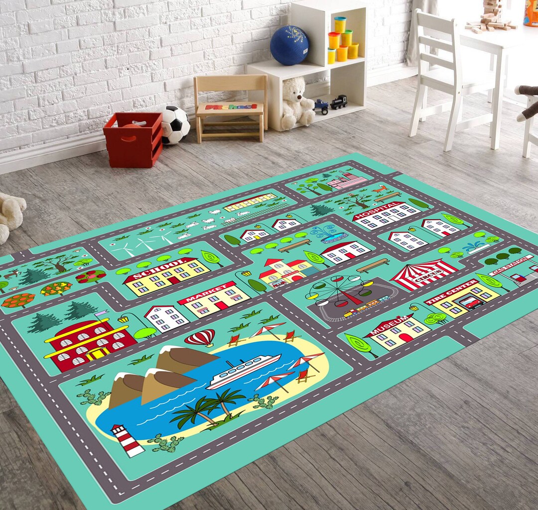 Car Playing Rug, Activity Rug, Washable Rug, Fun Rug, Road Map Rug ...