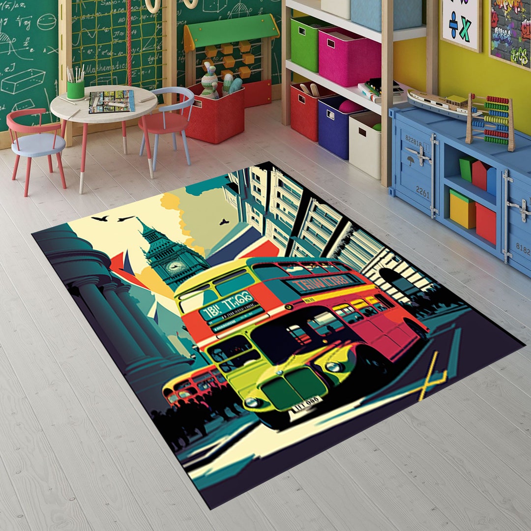 London Themed Rug, Rug of London Bus, Pop Art Rug, Modern Rug, Custom ...