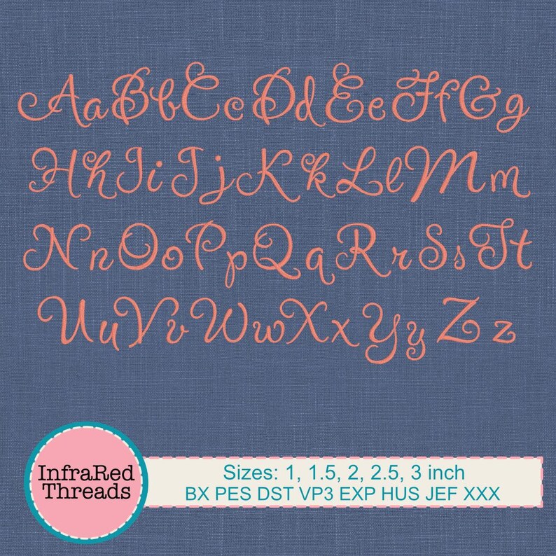 Oaklie Embroidery Font – Swirly Script Satin Stitch Alphabet in 5 Sizes ...