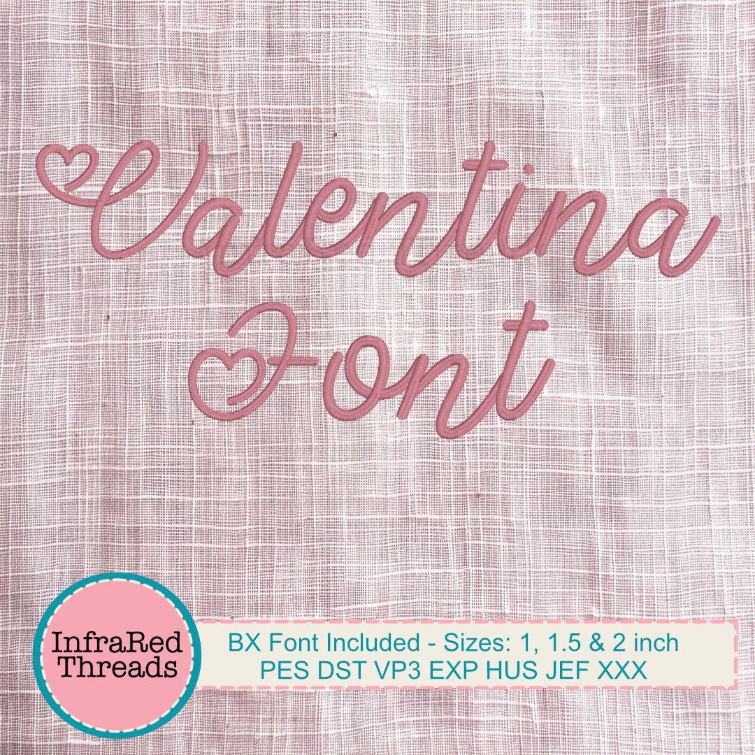 Valentina Script Embroidery Font – Heart Accent Satin Letters in 3 ...