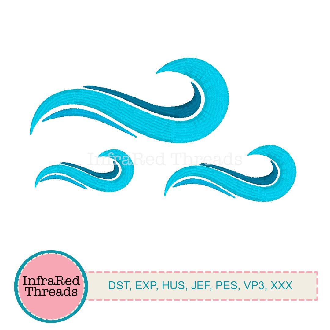 Wave Embroidery Design – Set of 3 Stylized Surf Swirls in Aqua Blue - Etsy