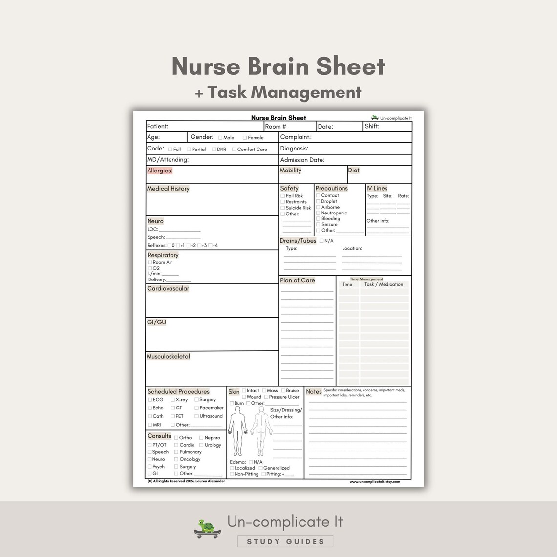 Nurse Brain Sheet + Task Management: ICU Med-surg Report (PDF Download ...