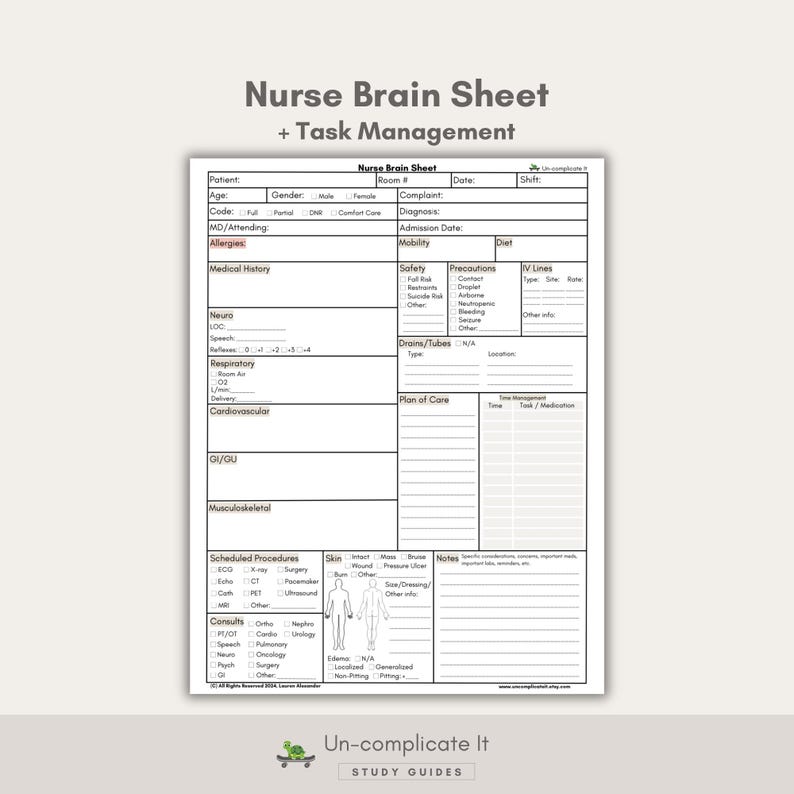 Nurse Brain Sheet + Task Management: ICU Med-surg Report (PDF Download ...