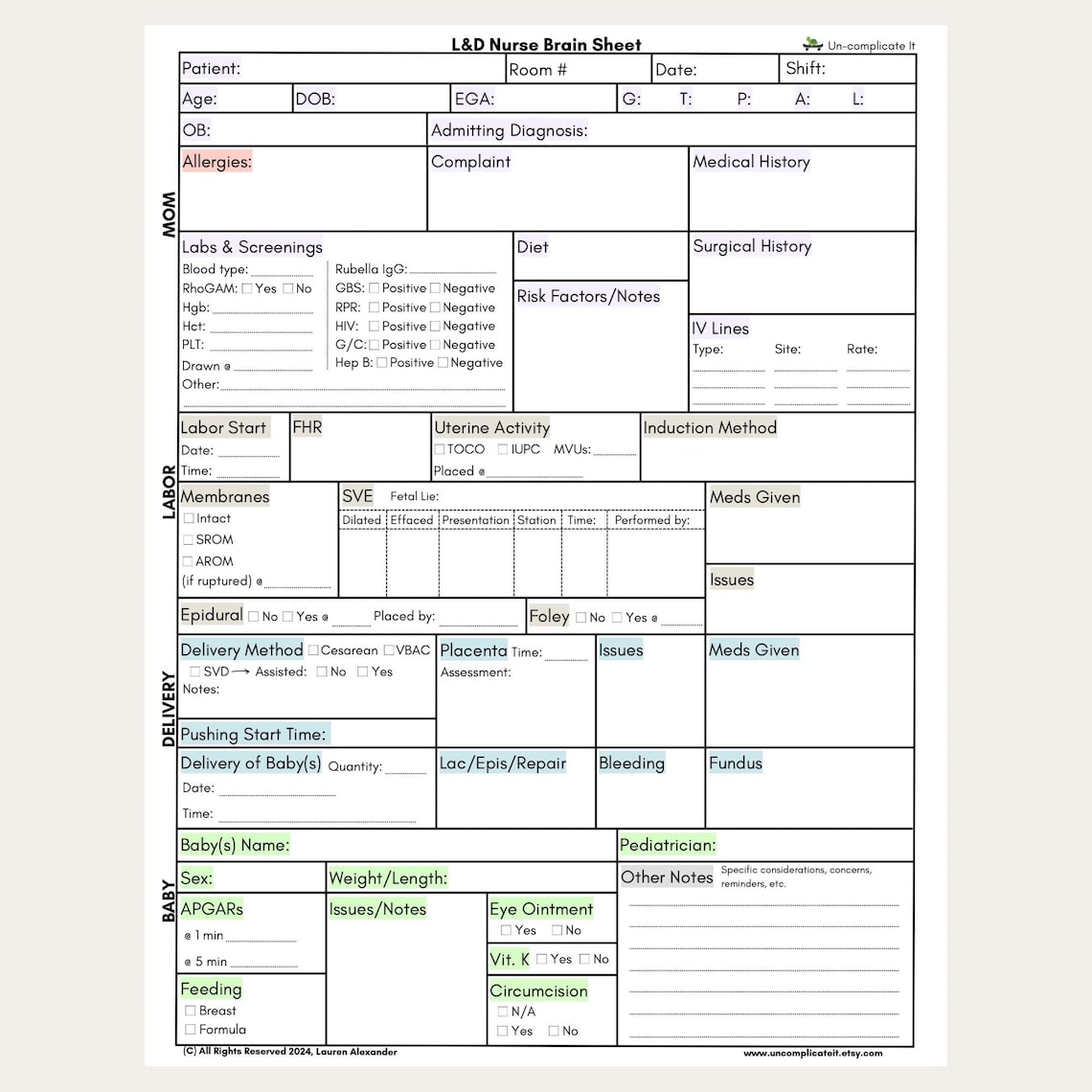 Labor and Delivery Nurse Brain Sheet: L&D Report Handoff (PDF Digital ...