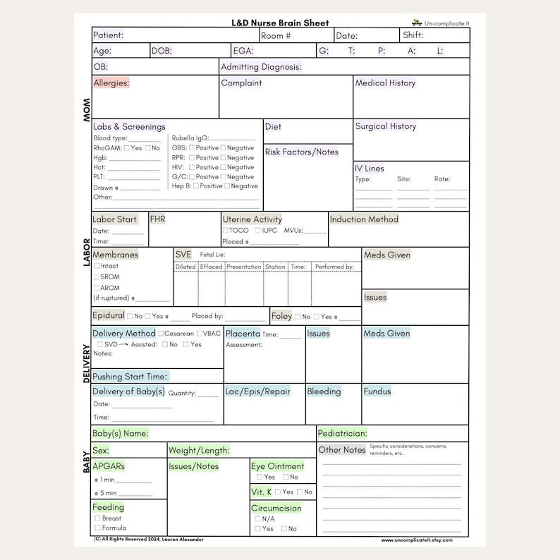 Labor and Delivery Nurse Brain Sheet: L&D Report Handoff (PDF Digital ...