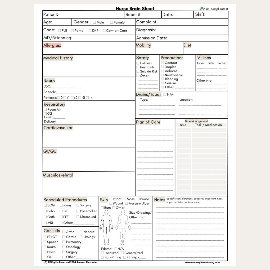 Nurse Brain Sheet + Task Management: ICU Med-surg Report (PDF Download ...