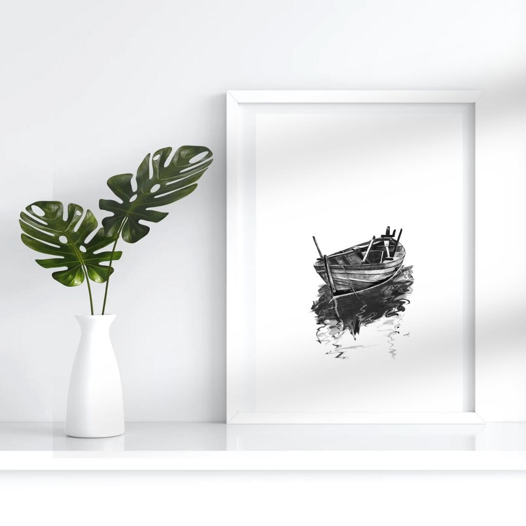 Minimalist Kayak Drawing Digital Art - Boat at Sea Printable Wall Decor ...