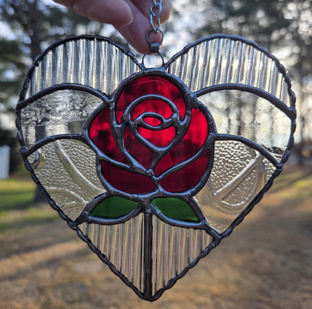 Stained Glass Red Rose in Heart Shaped Suncatcher/valentines Day - Etsy