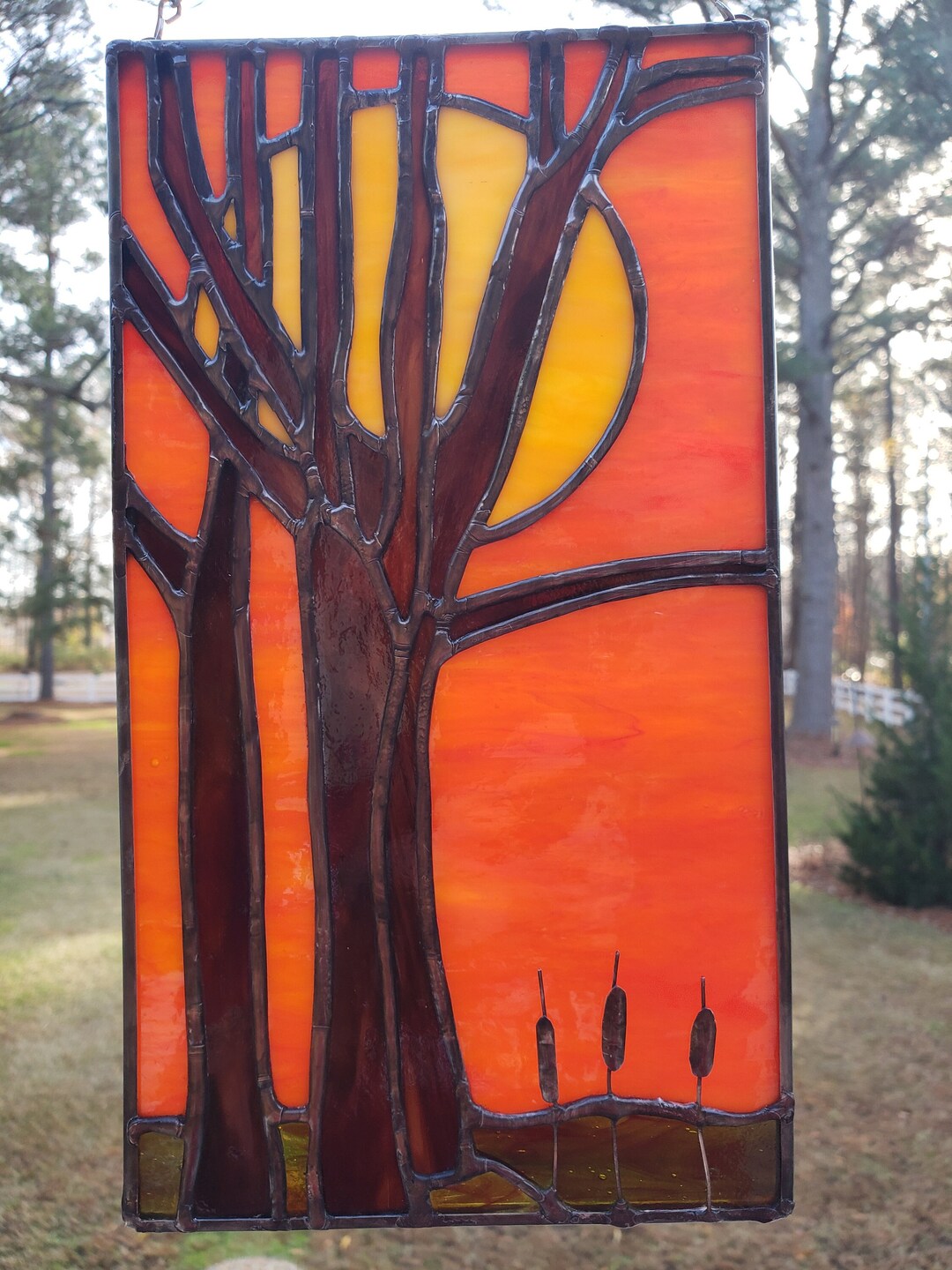 Stained Glass Tree Silhouette Against Orange Sky Panel for Window or ...