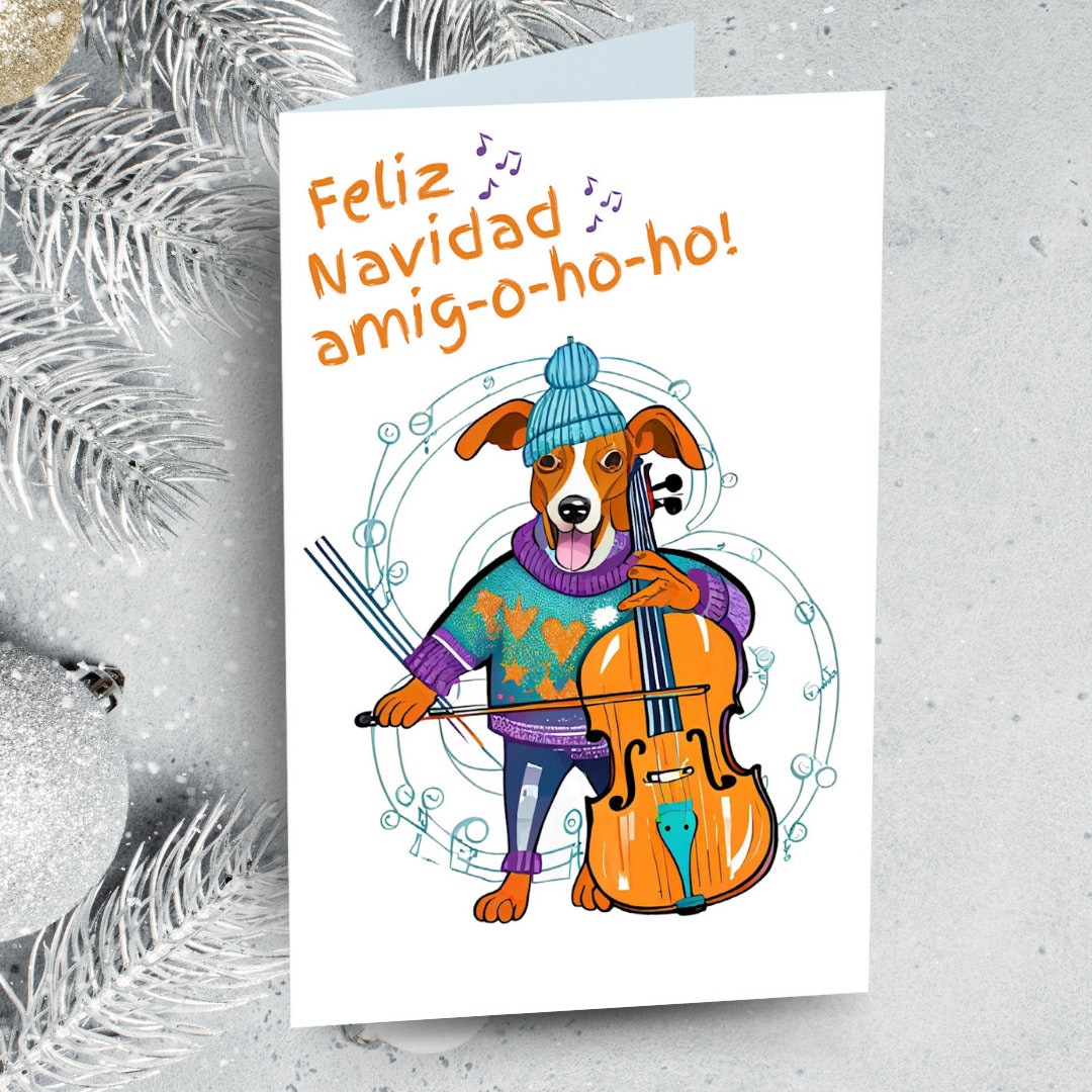 Holiday Christmas Card, Digital Download, Dog Playing Cello Holiday ...