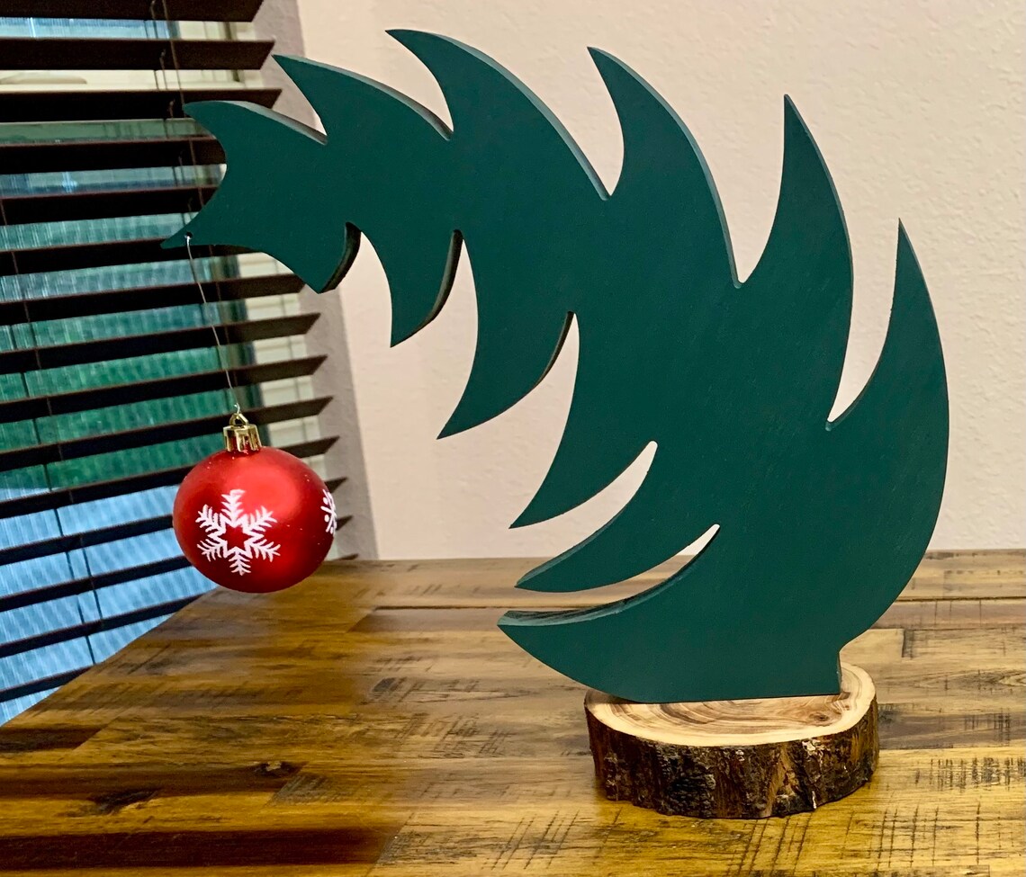 Large Leaning grinch Style Christmas Tree With Natural Tree Trunk Base ...