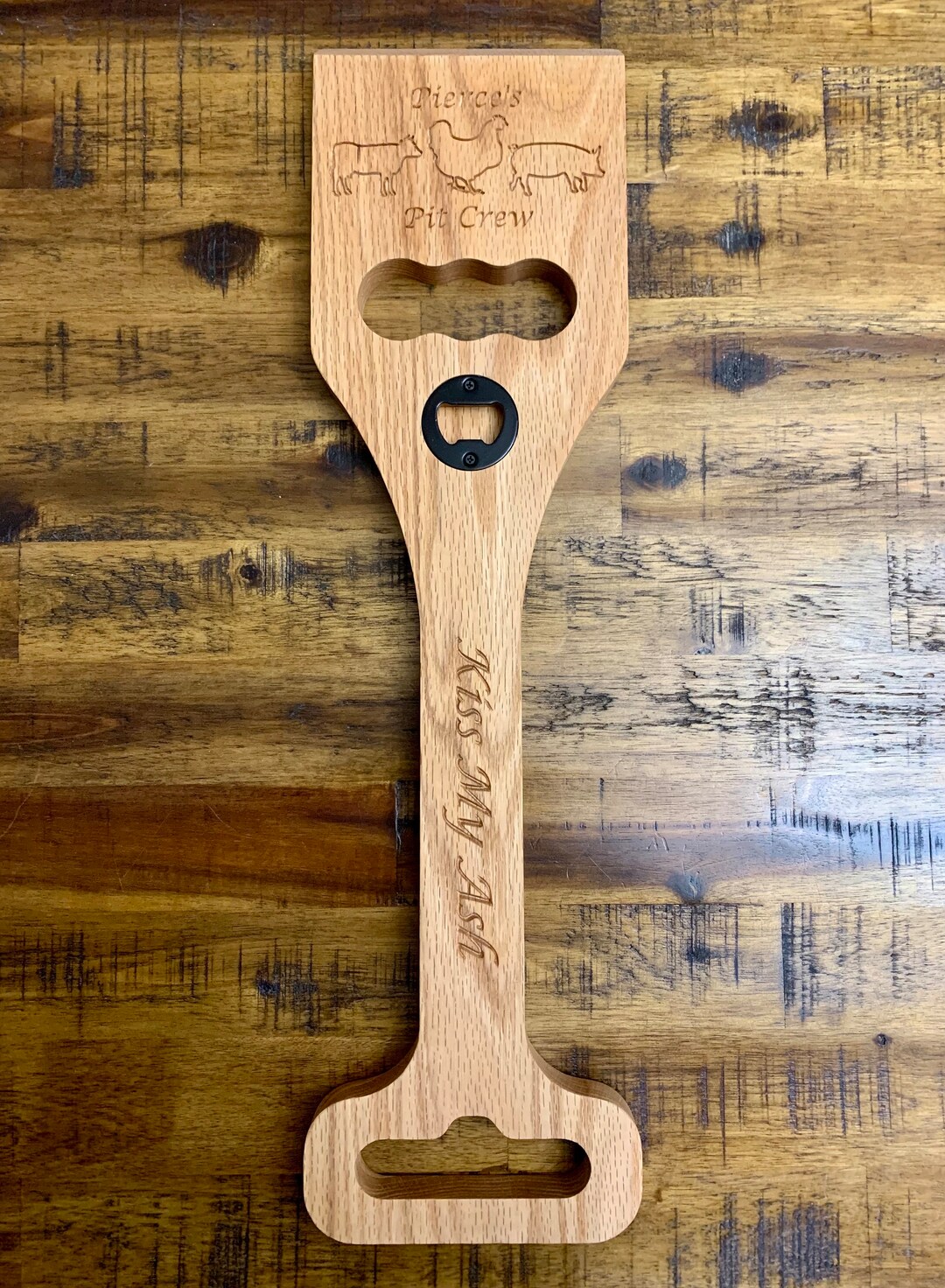 Large Personalized Wooden Red Oak BBQ Grill Scrapper With Bottle Opener ...