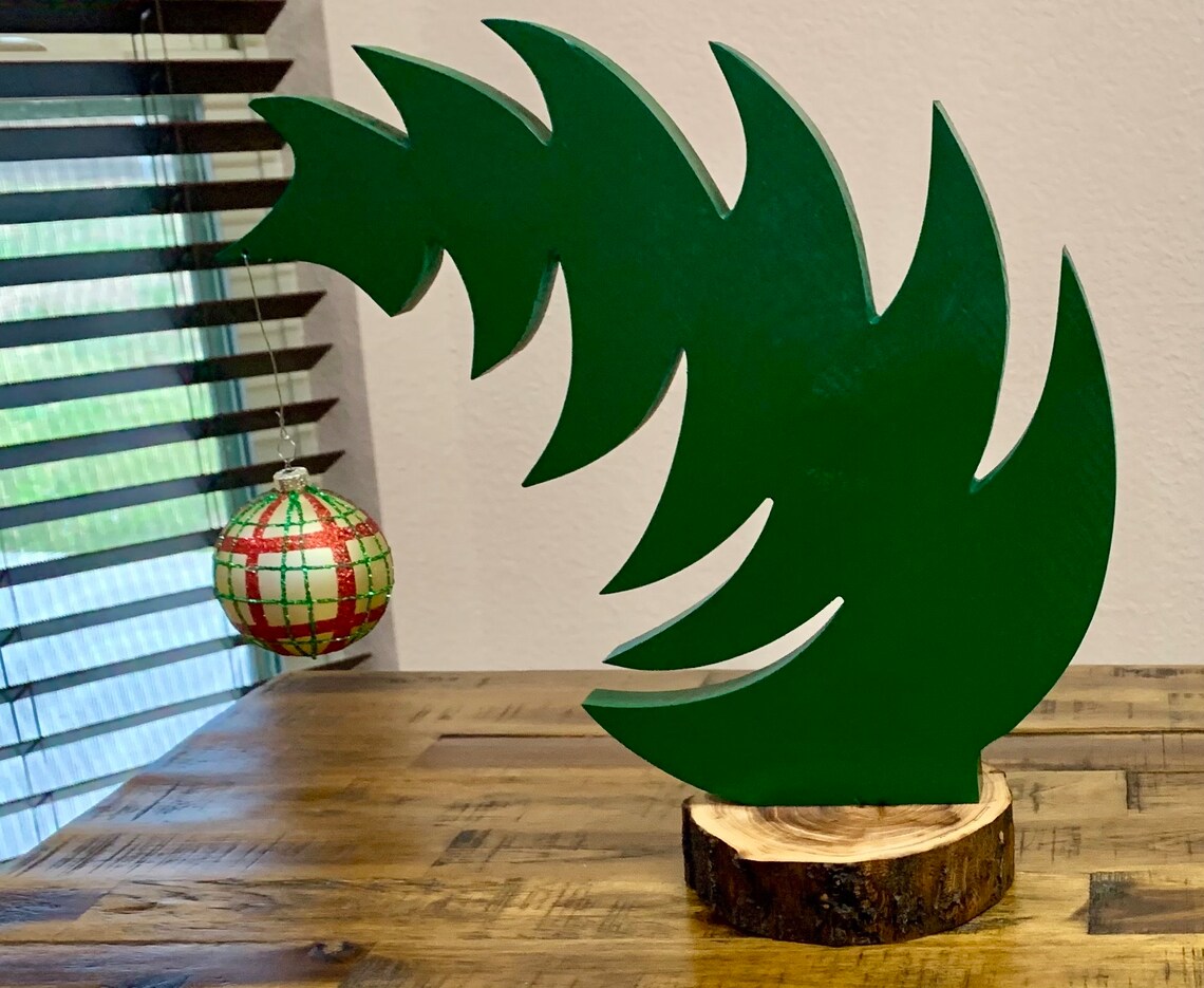 Large Leaning grinch Style Christmas Tree With Natural Tree Trunk Base ...