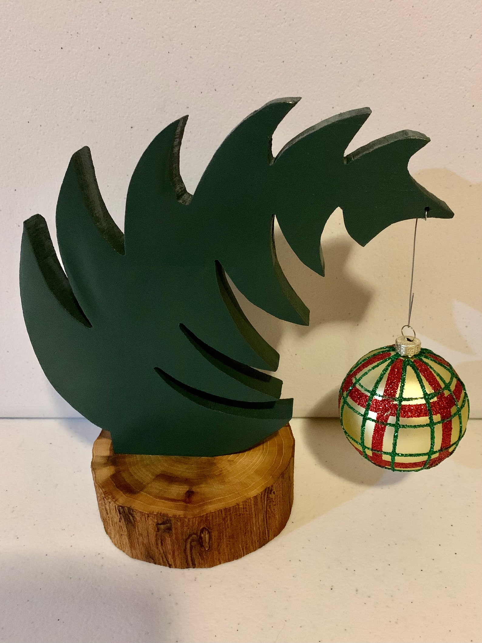 Small Leaning "grinch Style" Christmas Tree With Natural Tree Trunk ...