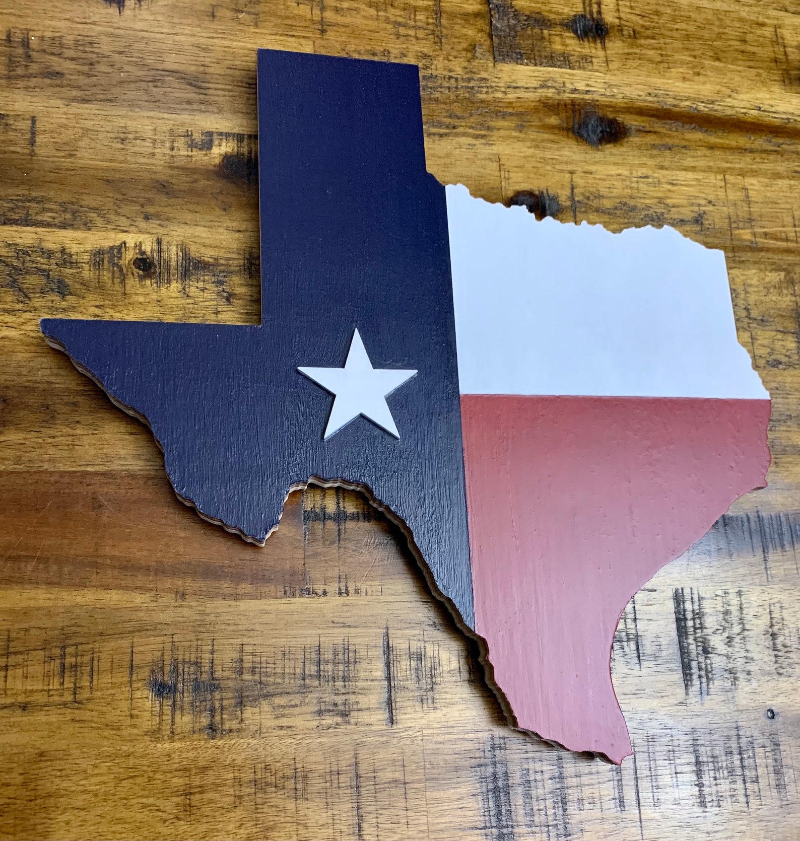 Wooden State of Texas Map Cutout Stained in Lone Star State Flag Colors ...