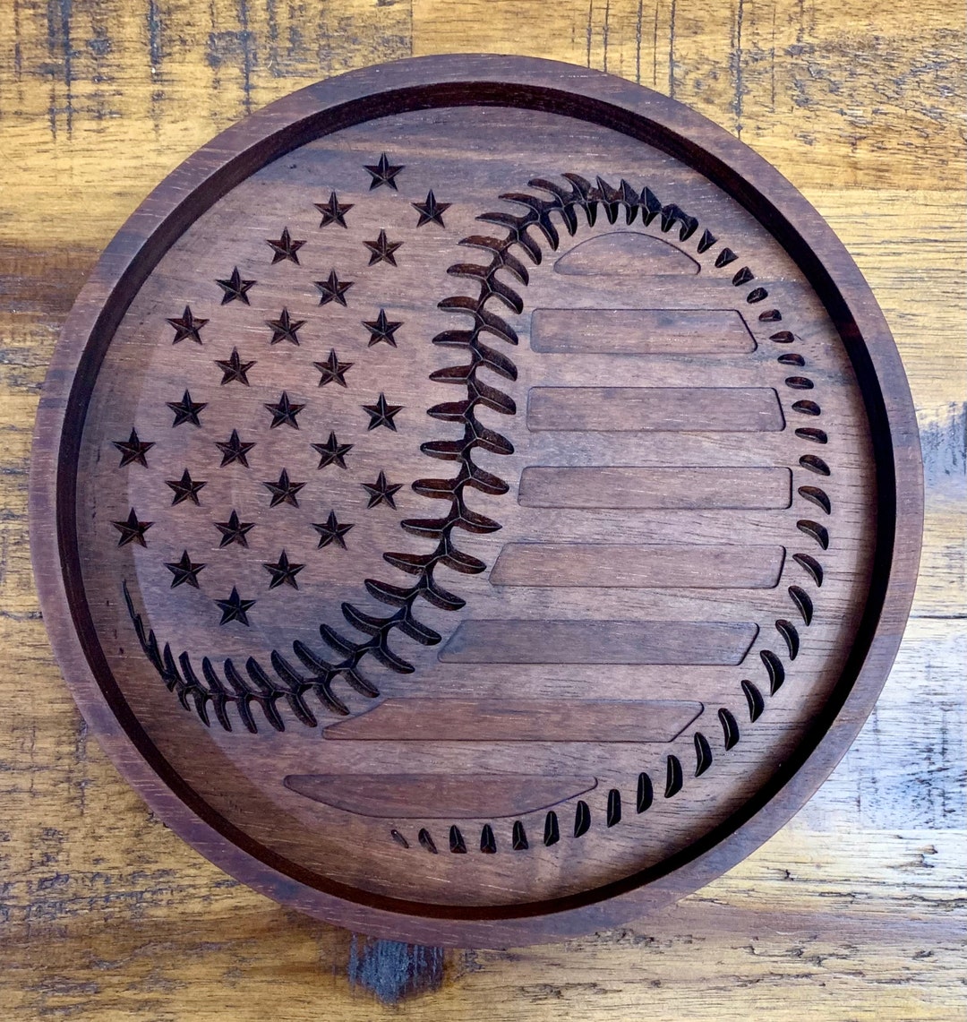 Walnut Valet Tray for Baseball Fan, EDC Tray, American Flag Baseball ...