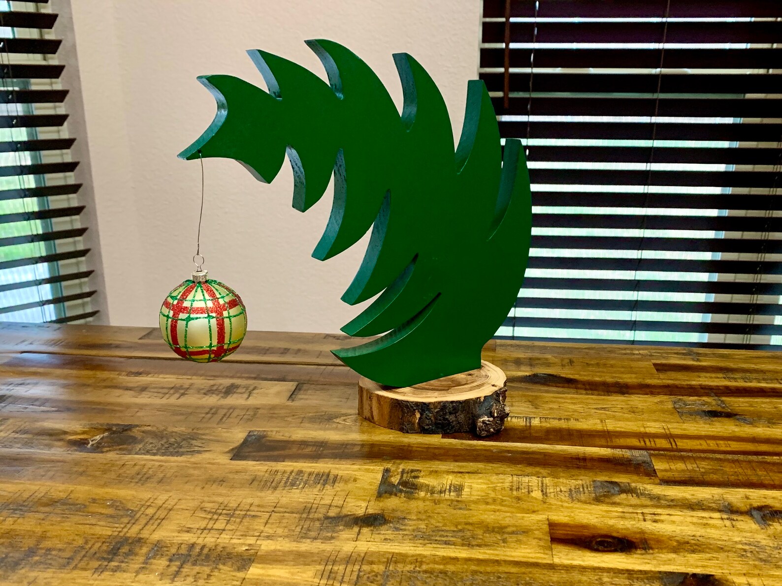 Large Leaning grinch Style Christmas Tree With Natural Tree Trunk Base ...