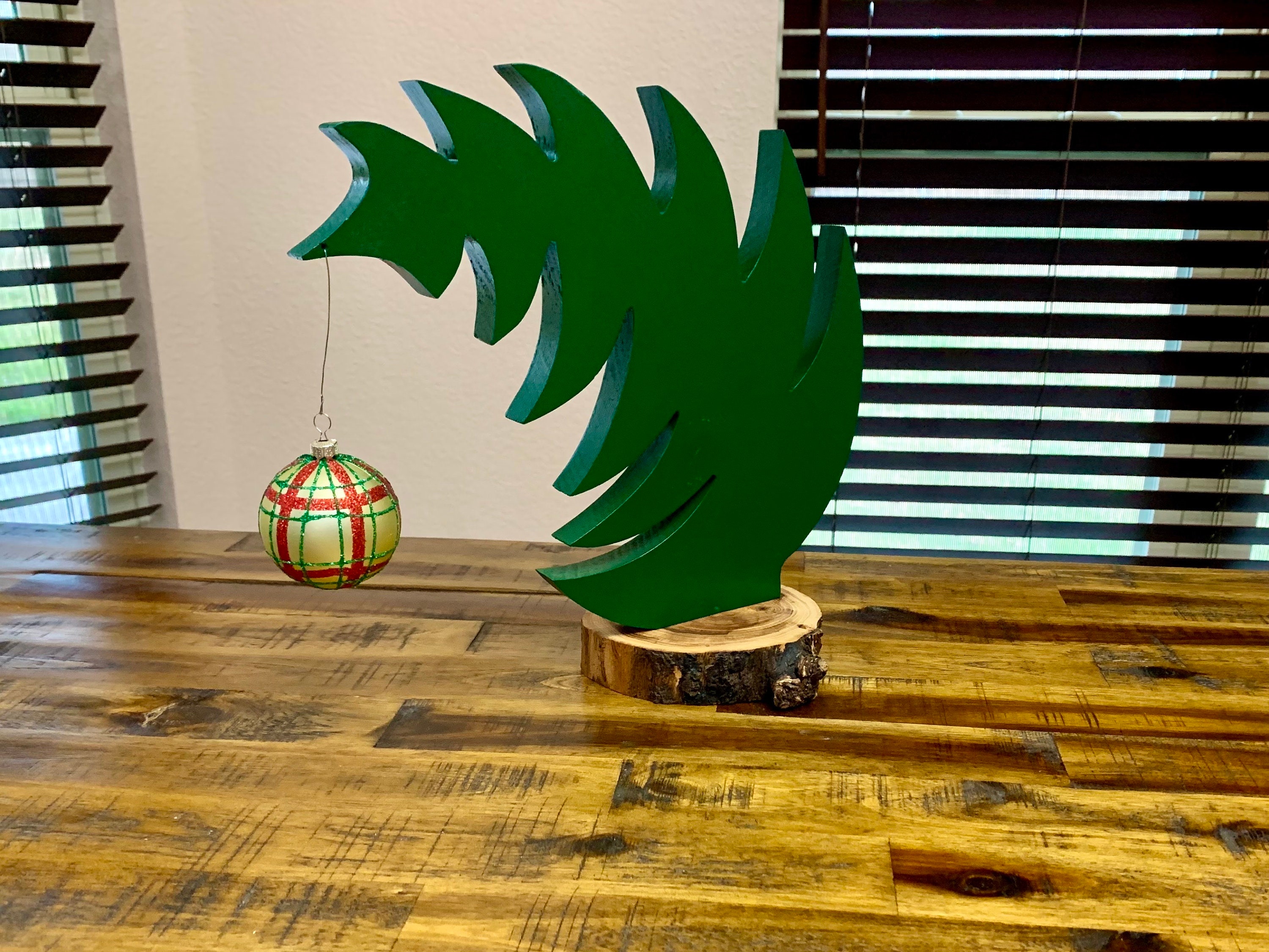 Large Leaning grinch Style Christmas Tree With Natural Tree Trunk Base ...