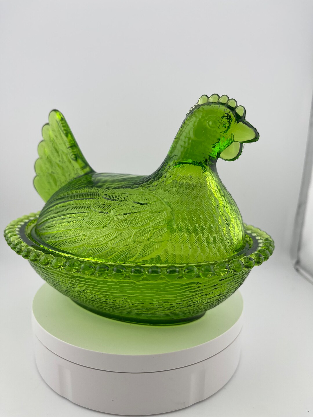Large Vintage Mid-century Green Glass Lidded Bowl Hen on Nest Serving ...
