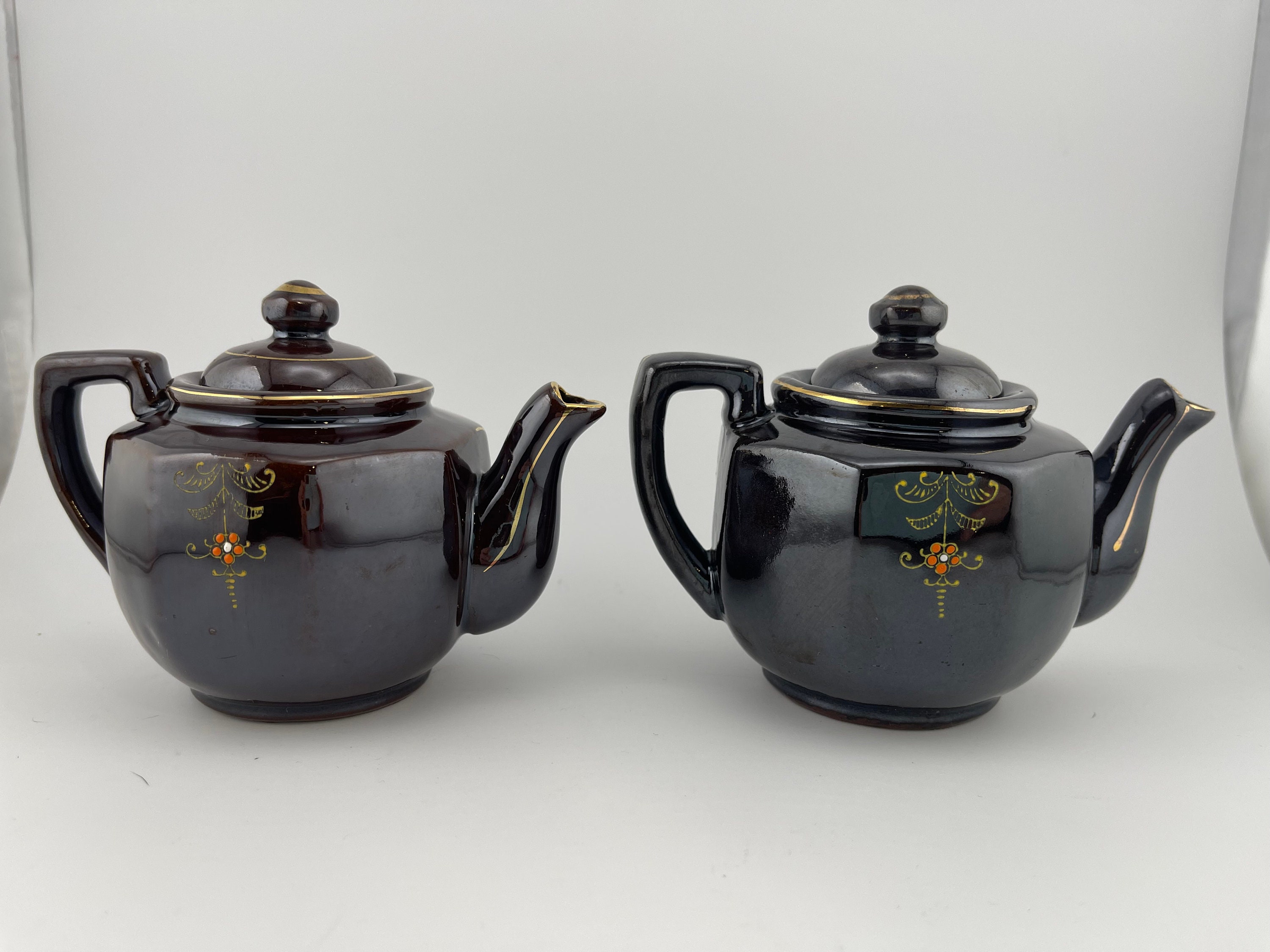 Set 2 Vintage Japanese Teapot Redware Brown Hand Painted Floral Flowers ...