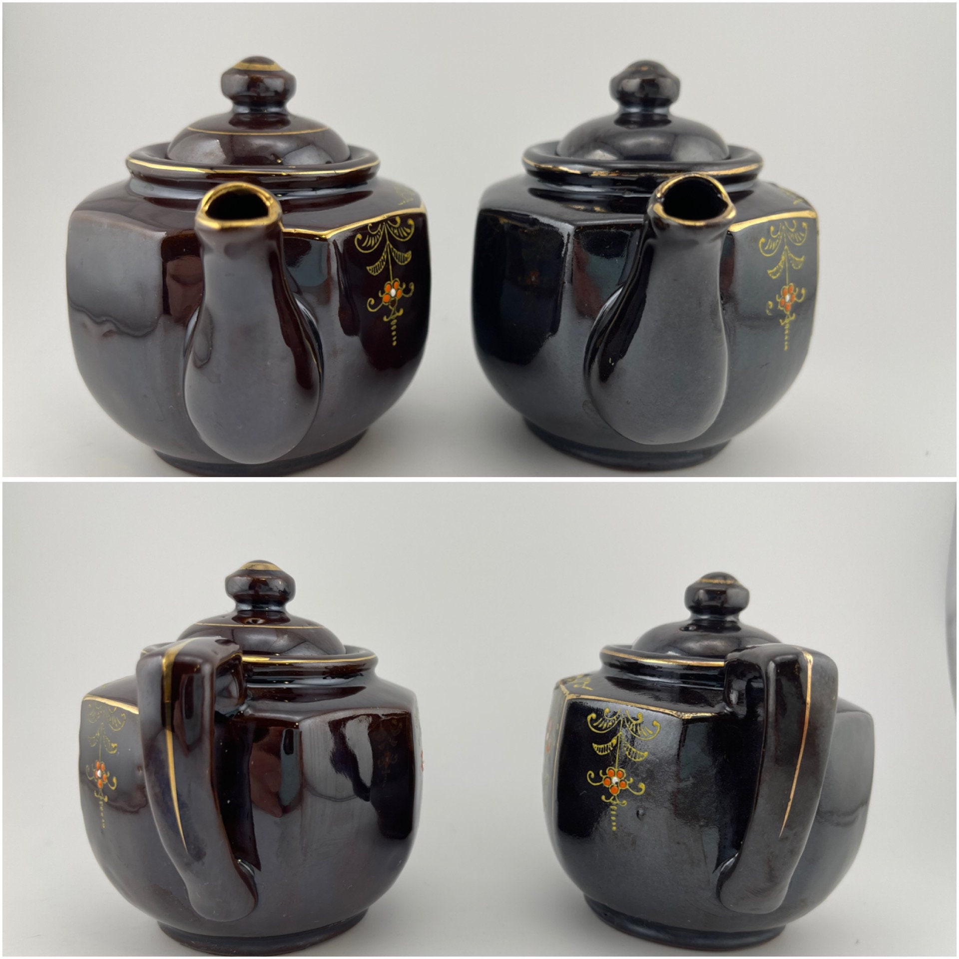 Set 2 Vintage Japanese Teapot Redware Brown Hand Painted Floral Flowers ...