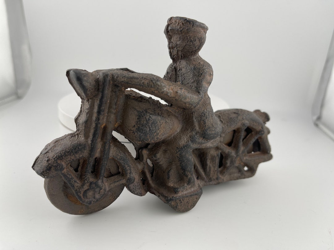 Antique Cast Iron Motorcycle Biker Figurine Policeman Art Harley Style ...