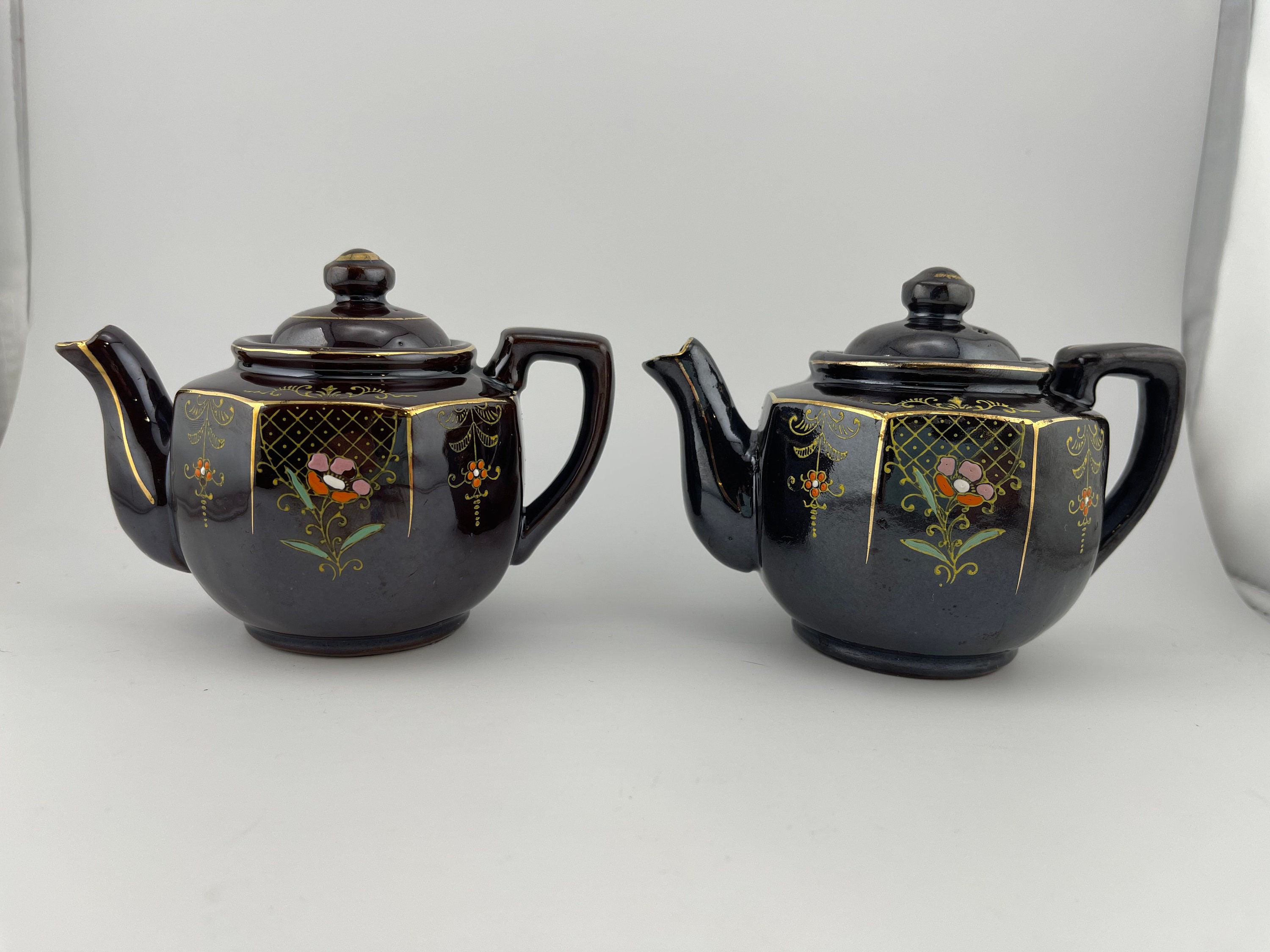 Set 2 Vintage Japanese Teapot Redware Brown Hand Painted Floral Flowers ...