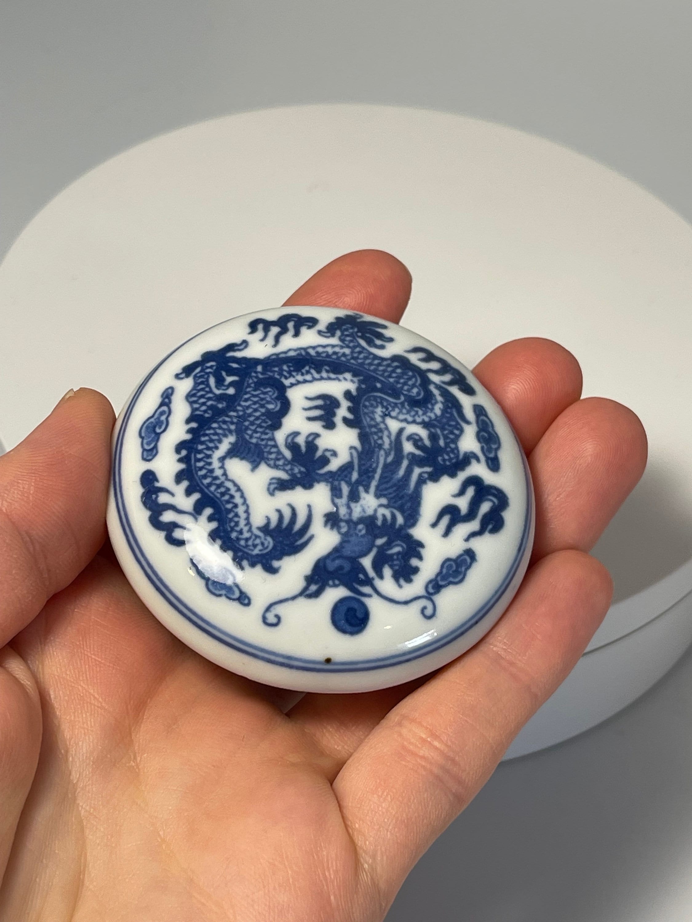 Antique Chinese Blue Dragon White Porcelain Ink Box or Makeup Holder ...