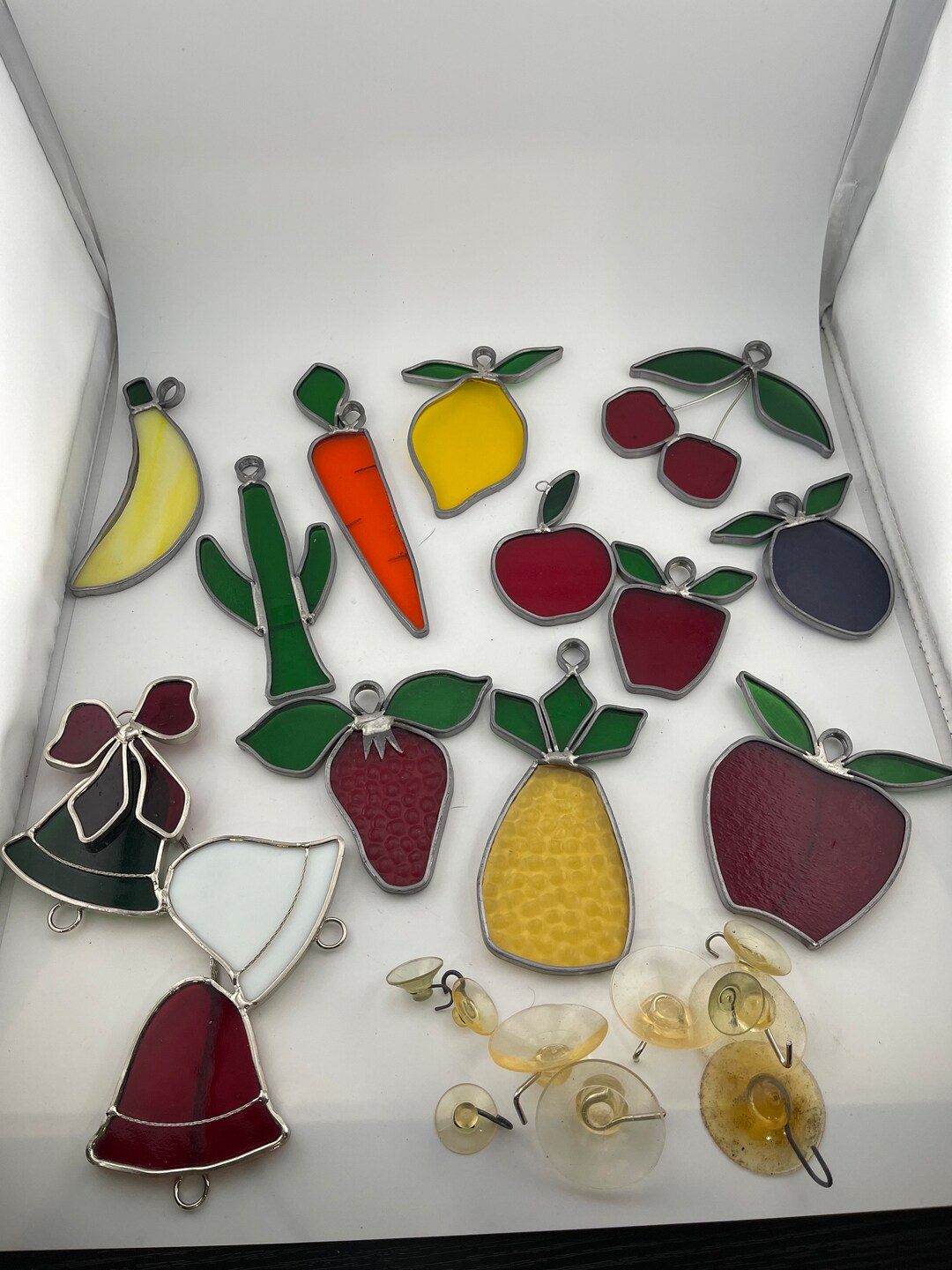 Vintage Stained Glass Leaded Sun Catcher Lot banana Pineapple Cherry ...