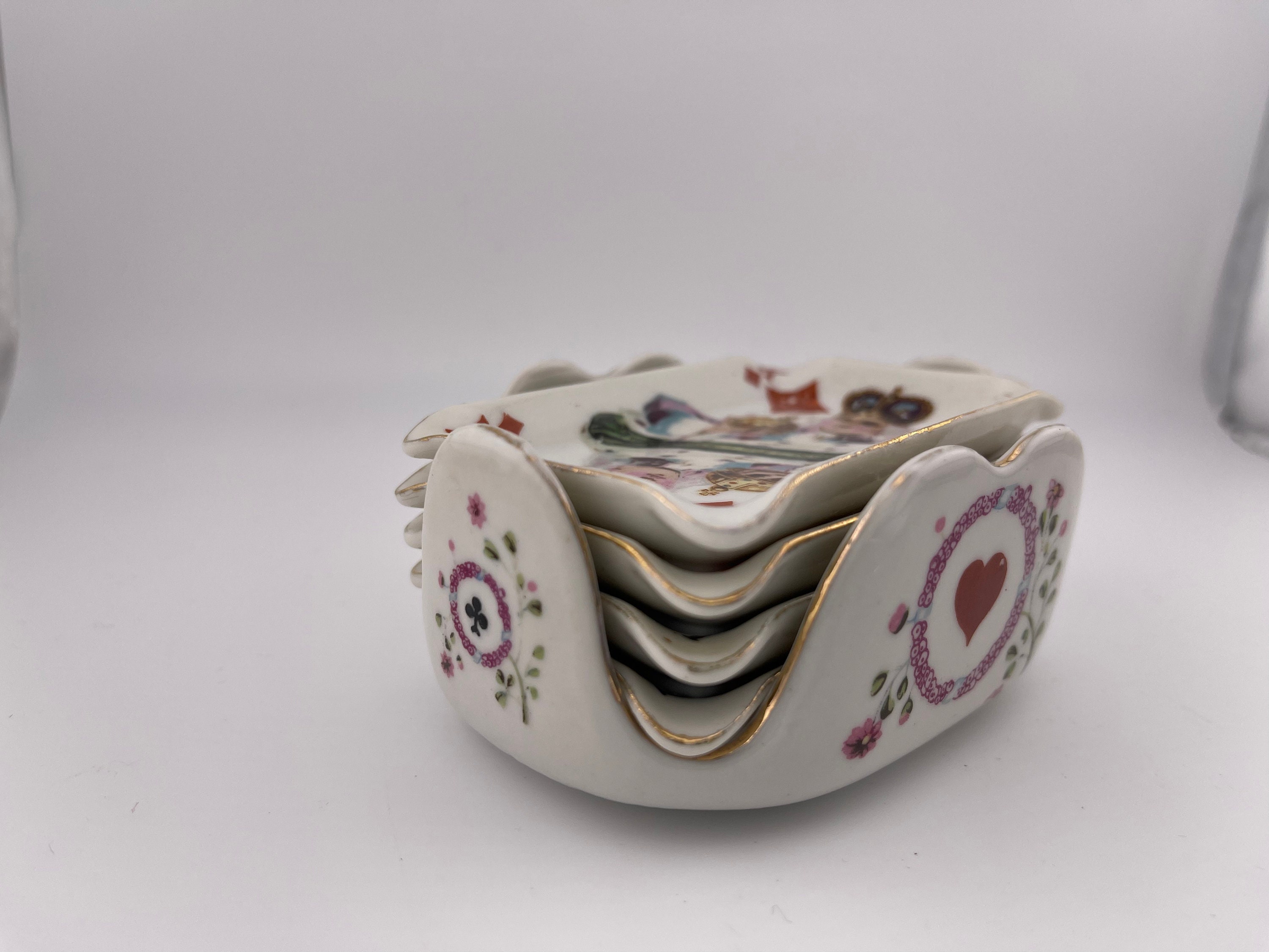 Vintage Set of Bridge Ash Trays, Porcelain Poker Ashtrays in Holder ...