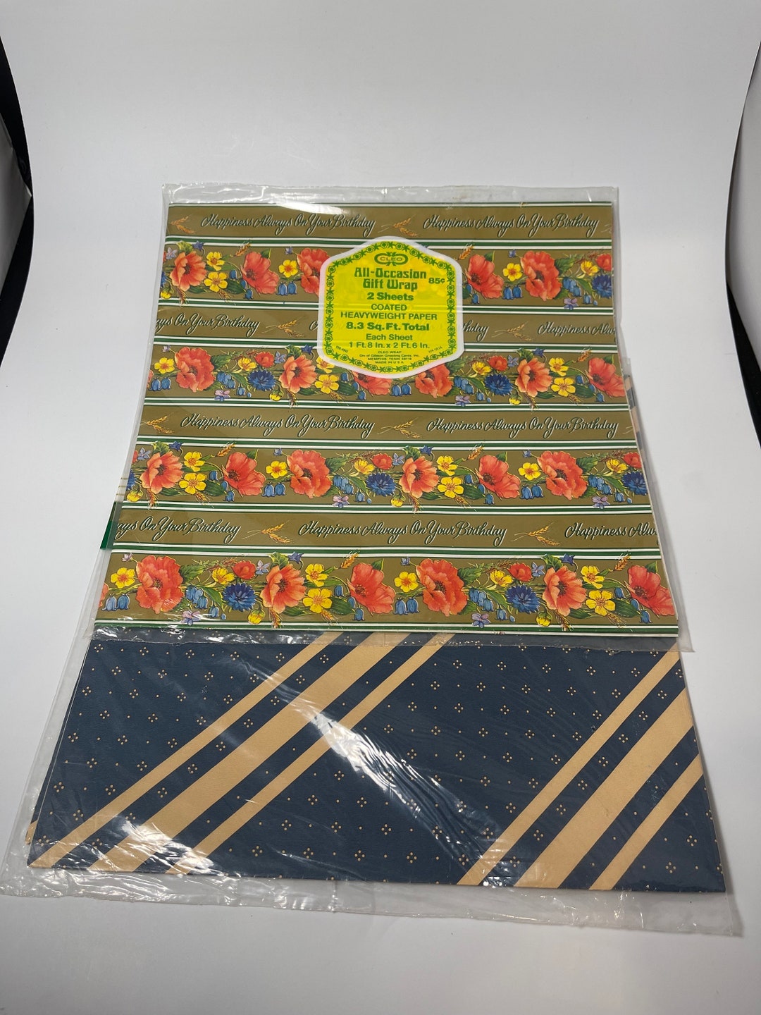 Vintage Birthday Pattern Gift Wrap Sheets Gold Blue Mens Colors Set of ...