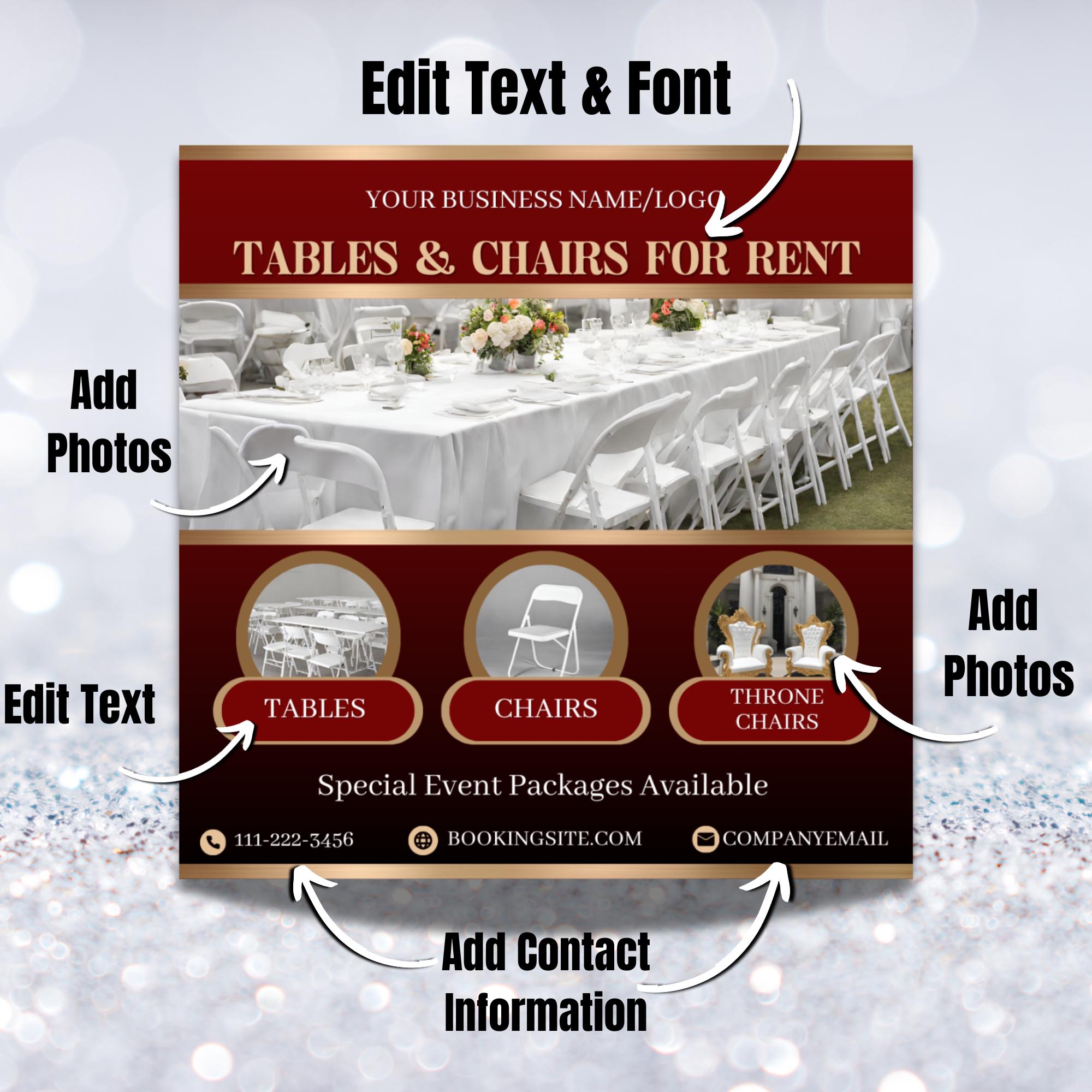 Tables and Chairs Rental Flyer Template: DIY Event Equipment (digital ...
