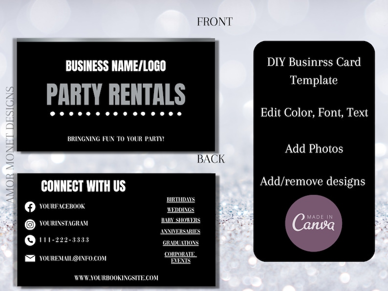 Party Rentals Business Card Template, Event Planner Business Cards ...