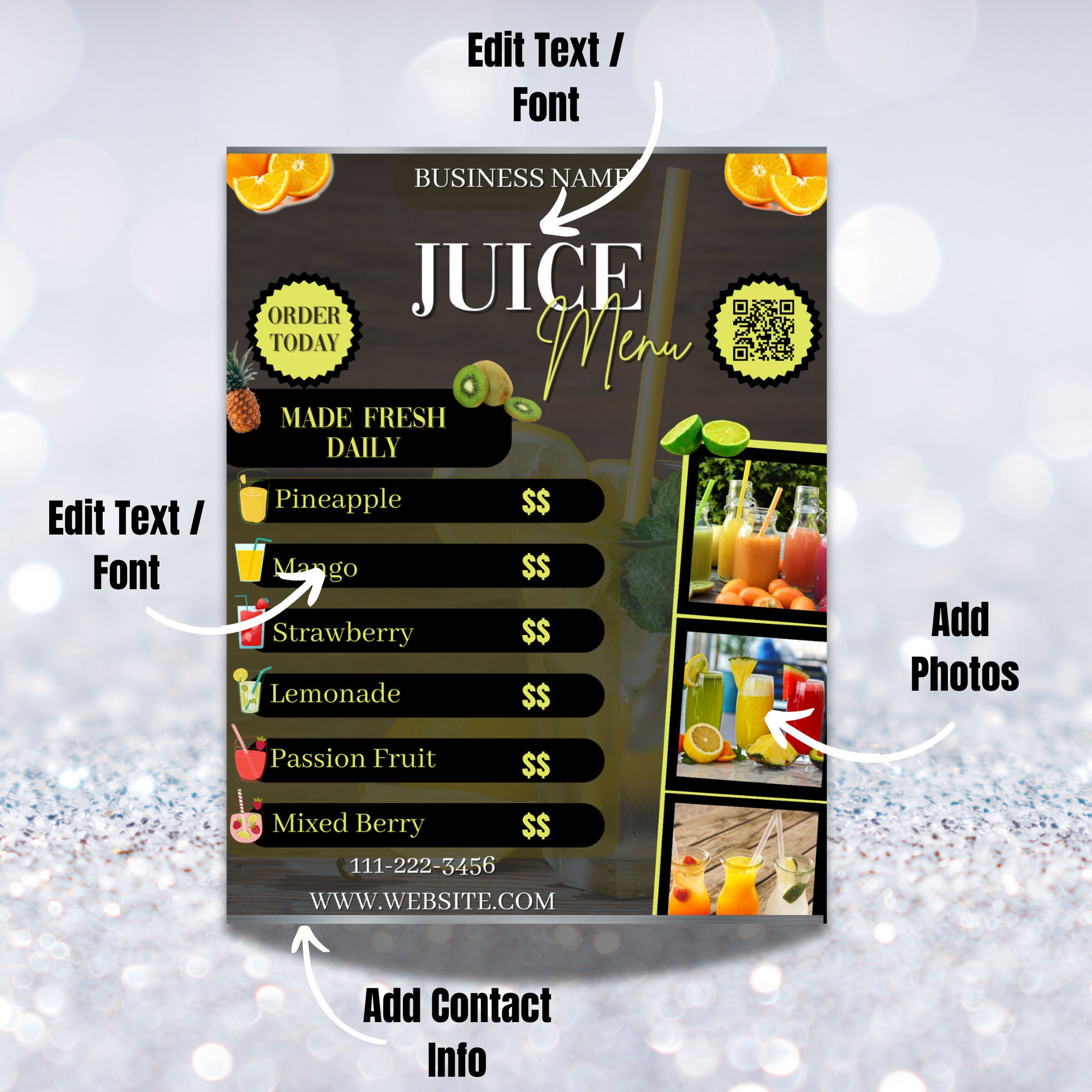 Juice & Drinks Menu Template: Editable DIY Flyer (canva) - Etsy