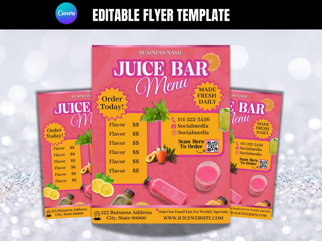 Juice Bar Menu Template: Editable Beverage Price List (digital Download ...