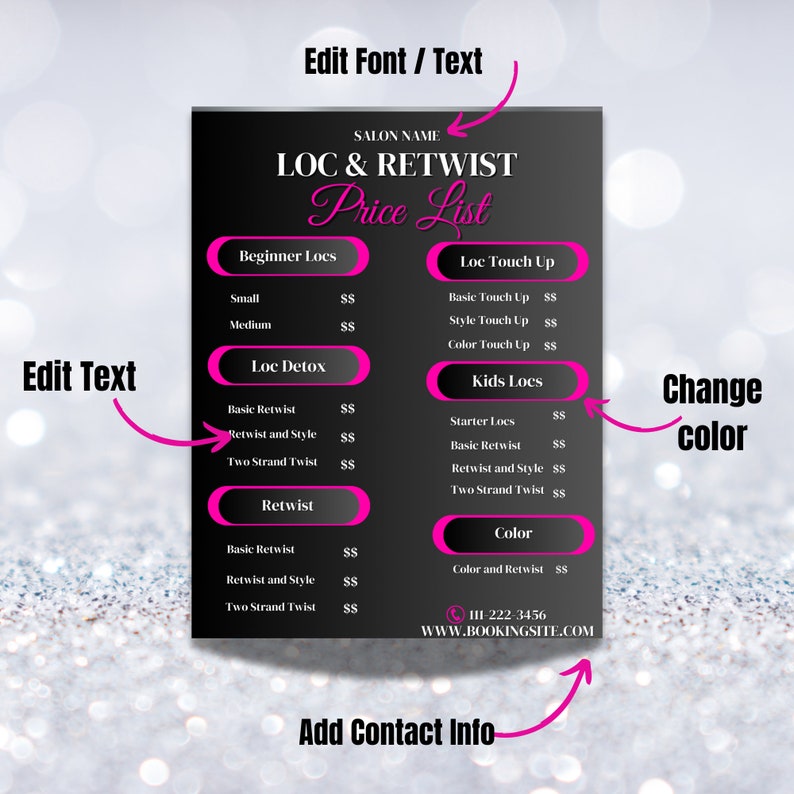 Pink Loctitian Price List Template, Salon Price List, Loc Price List ...