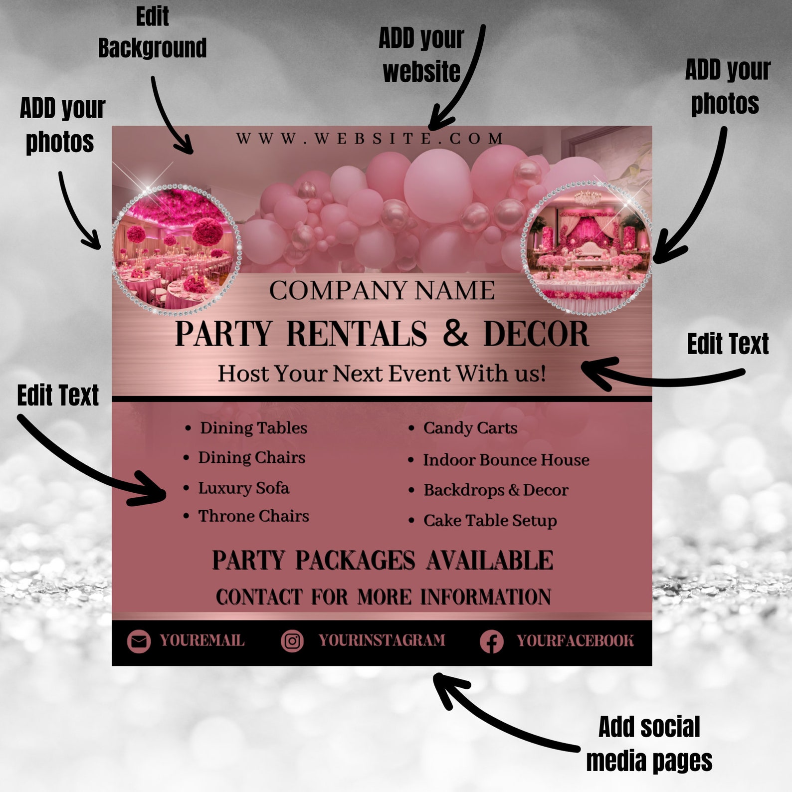 Party Rentals and Decor Business Flyer, Event Space Rentals, Party ...
