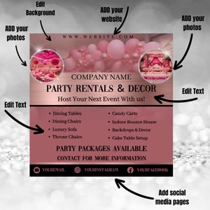 Party Rentals and Decor Business Flyer, Event Space Rentals, Party ...