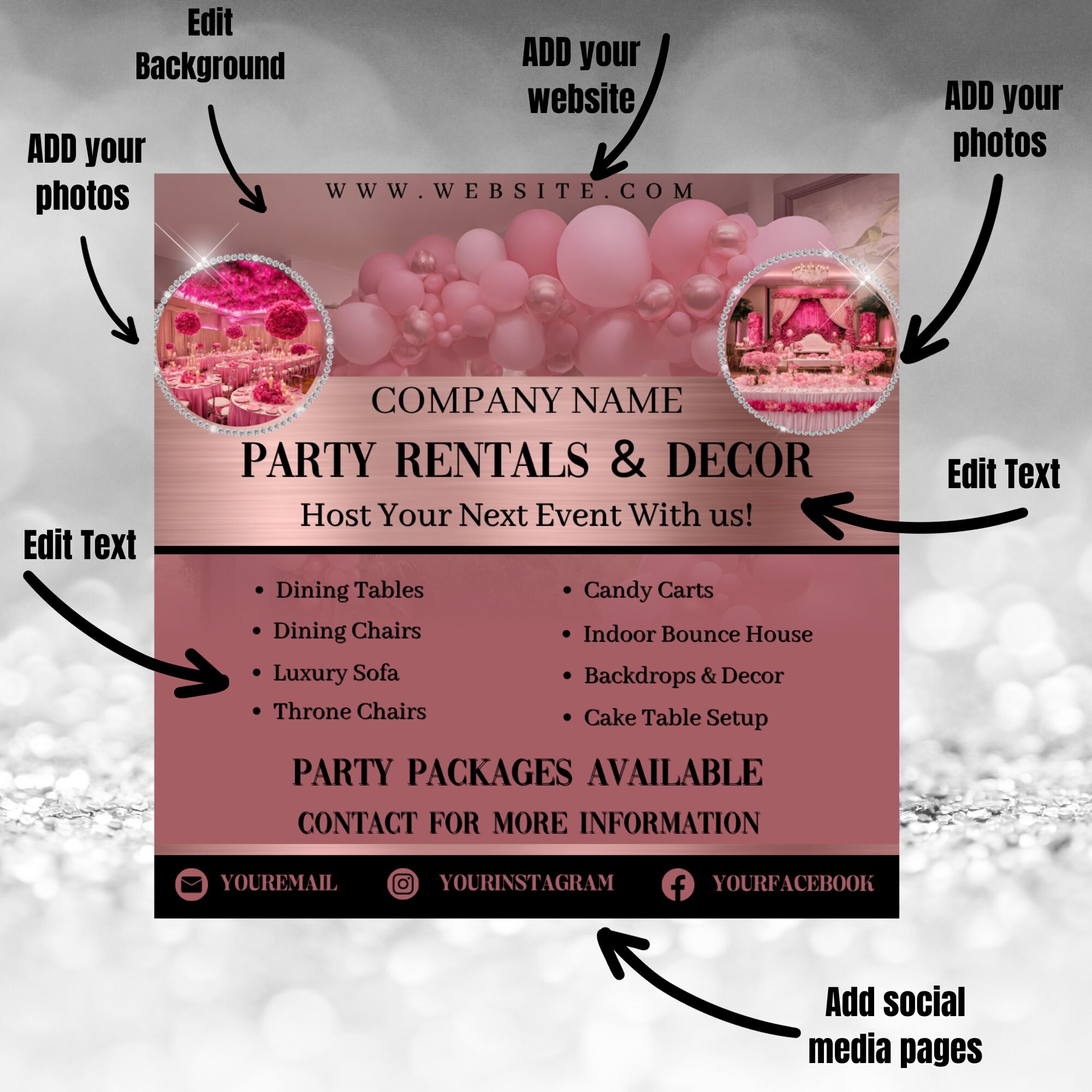 Party Rentals and Decor Business Flyer, Event Space Rentals, Party ...