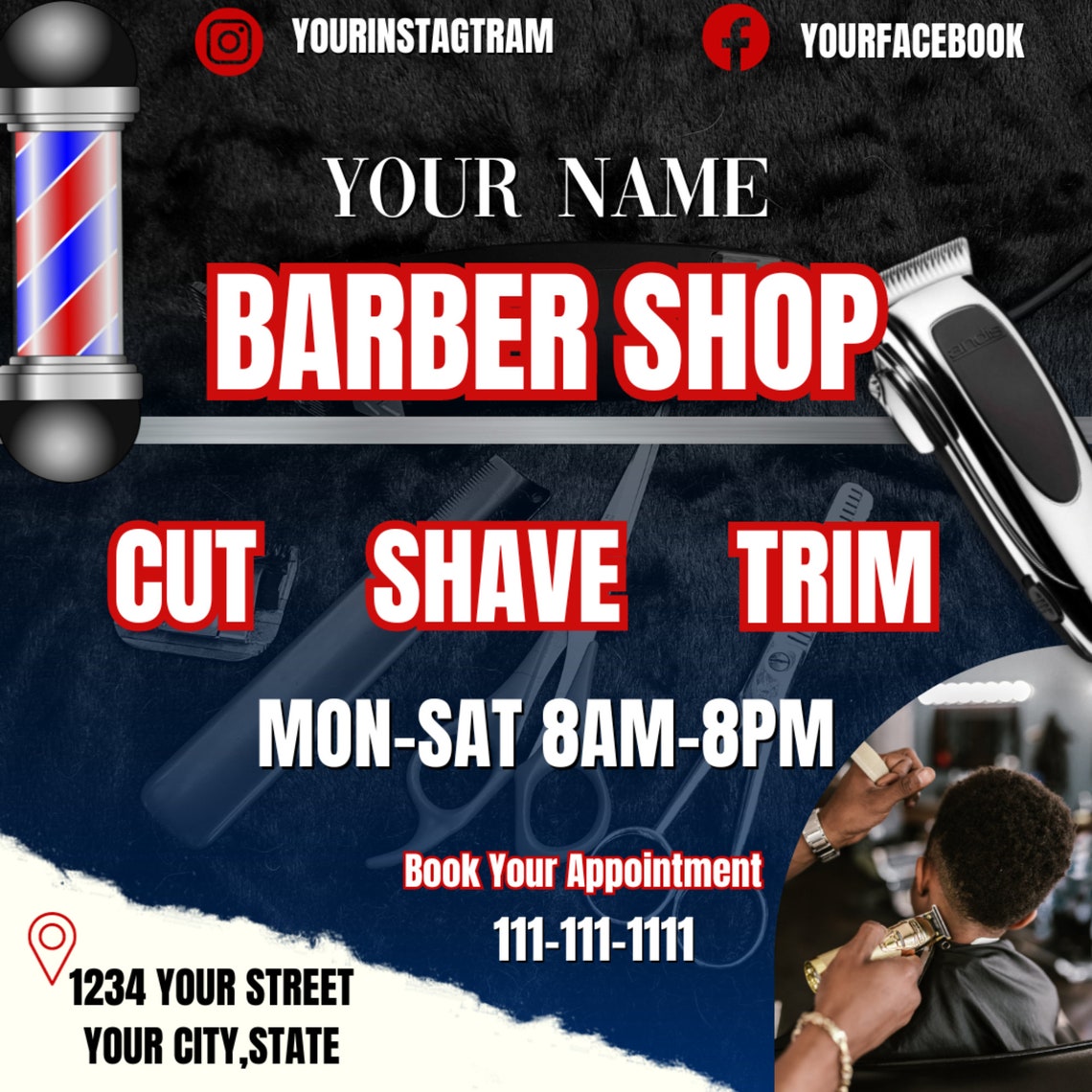 Barber Shop Flyer Template: DIY Social Media, Hair Cuts (canva) - Etsy