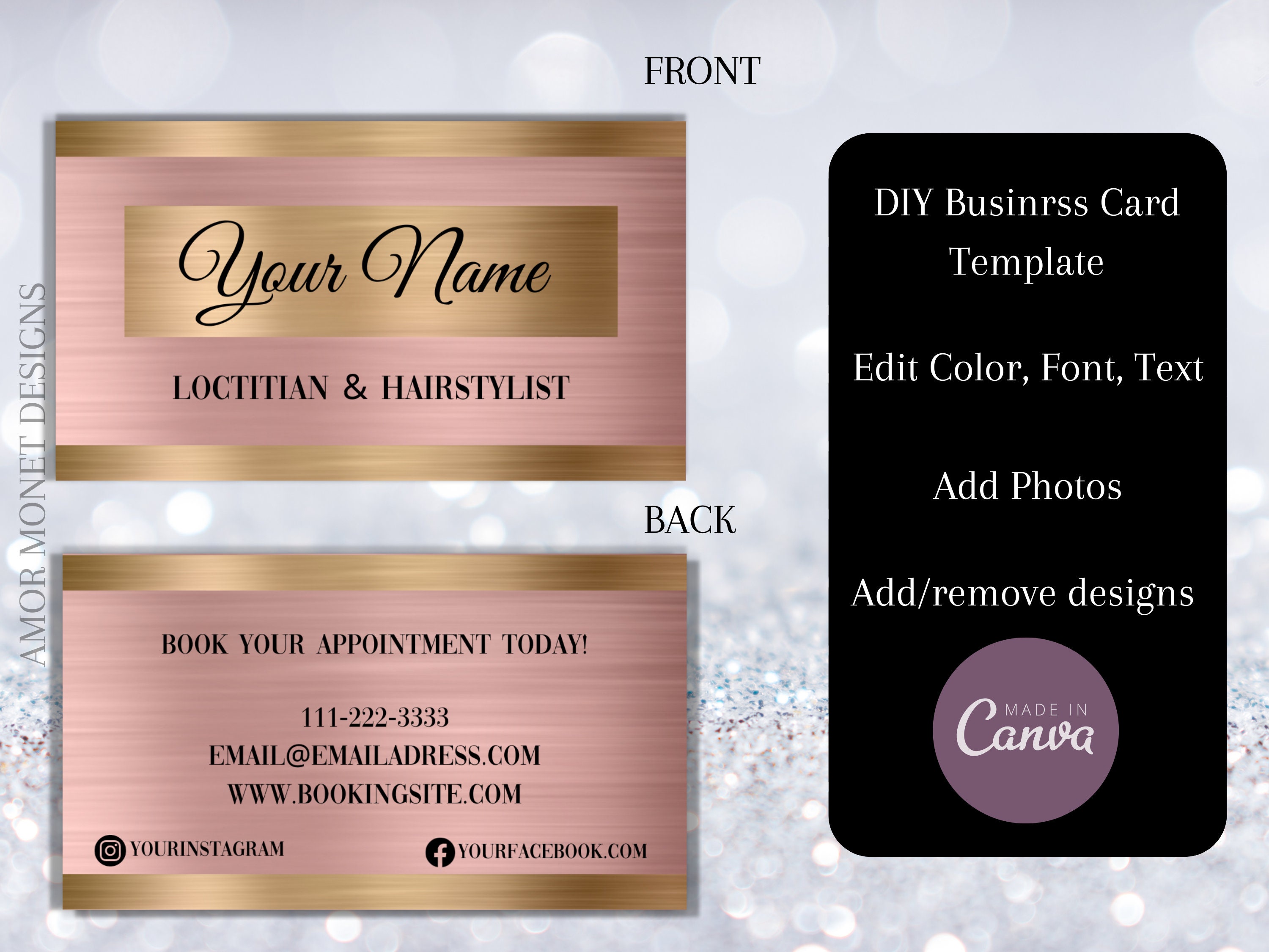 Loctician Business Card Template: Rose Gold Hair Stylist DIY Design ...