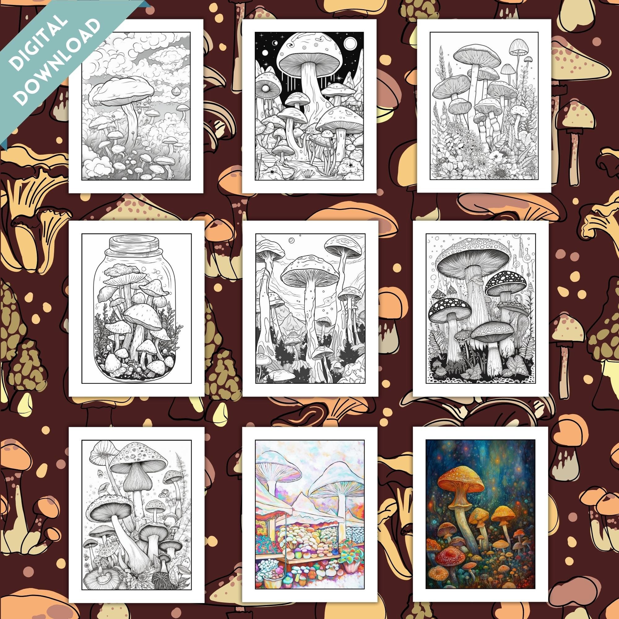 25 Mushrooms Coloring Page Book, Adults Kids Coloring Pages, Instant ...